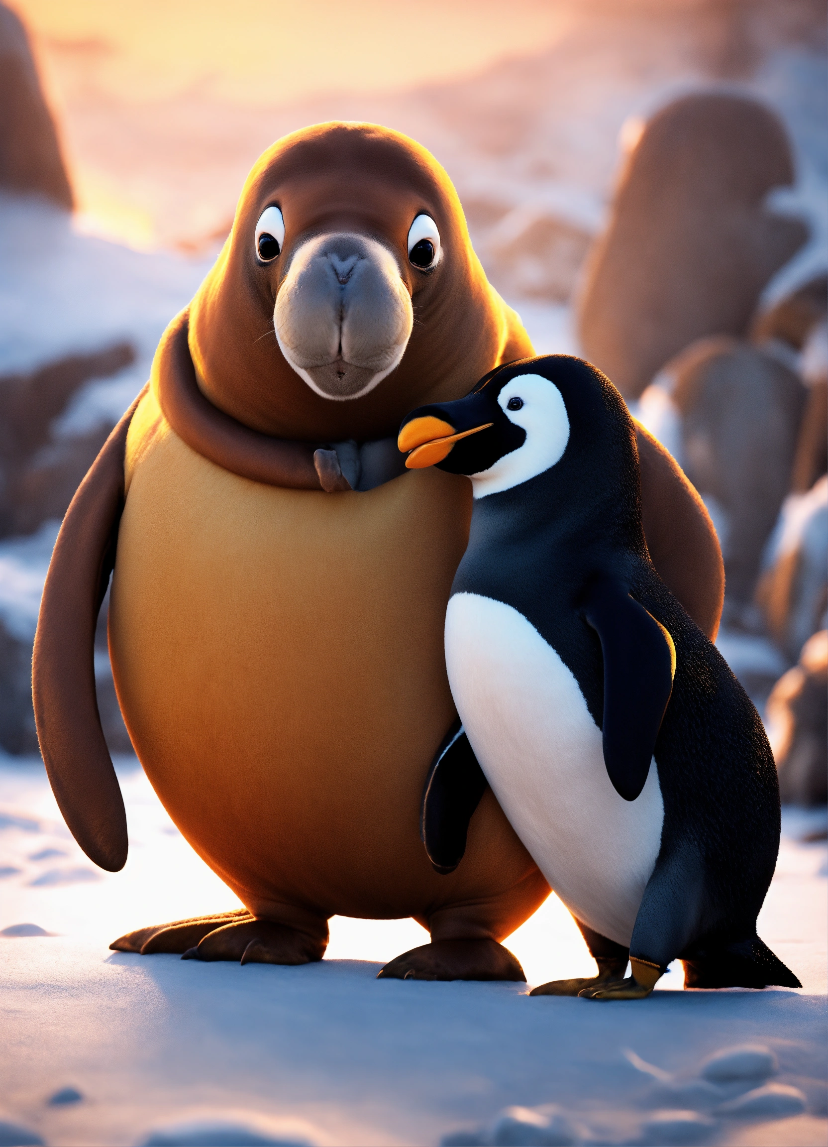 Lexica - Cute walrus with his arm around a penguin, unreal engine