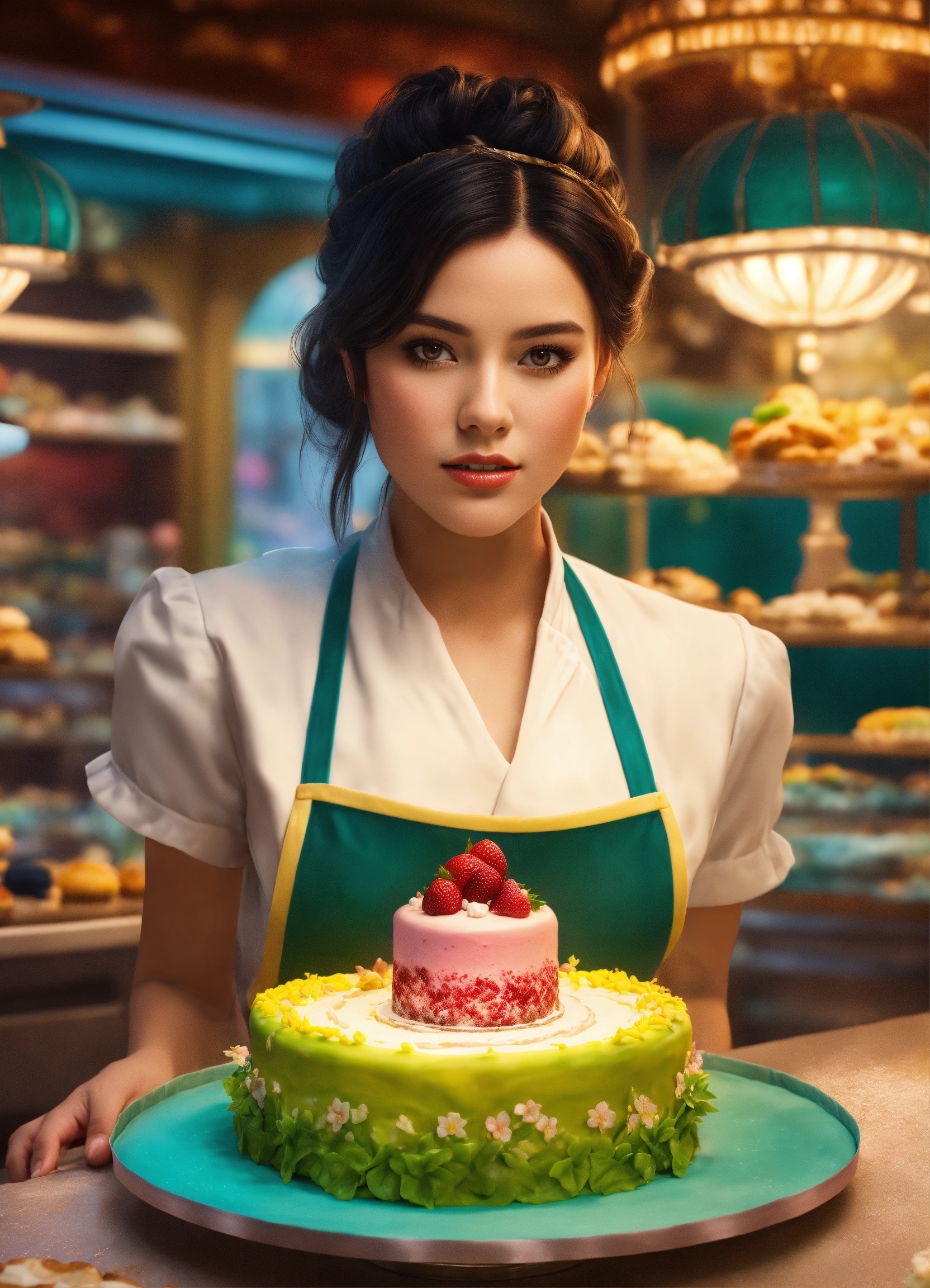 Lexica - Beautiful girl pastry chef in fairy tale cake store , fantasy ...