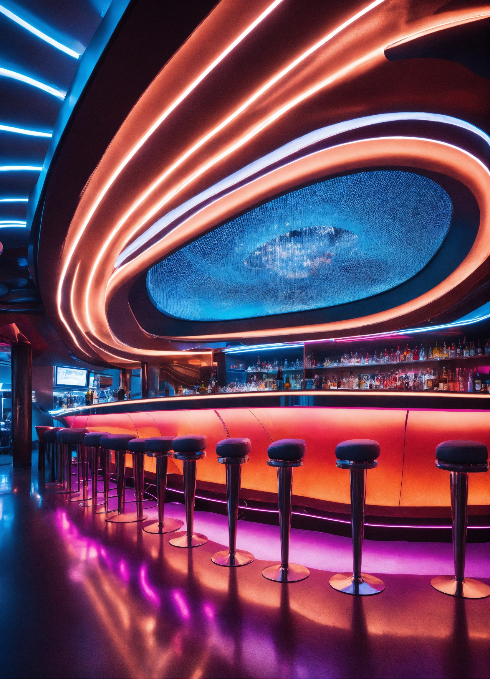 Lexica - Sleek large futuristic bar. people dressed in futuristic clothing