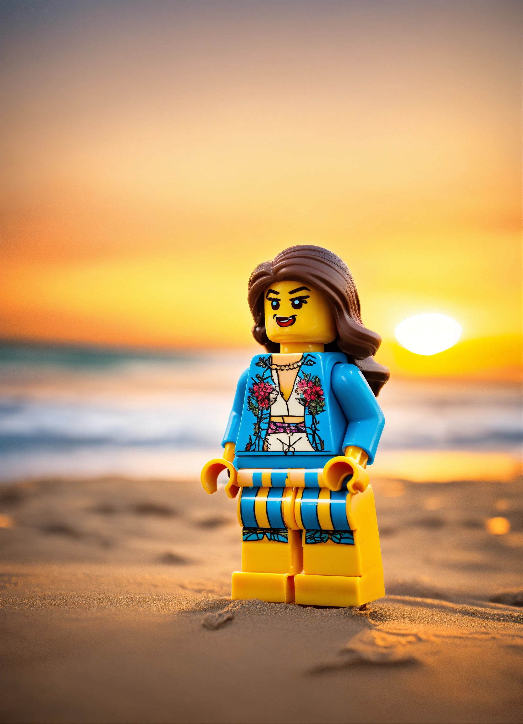 Lexica - Beautiful LEGO minifig girl, flawless skin, sitting on beach ...