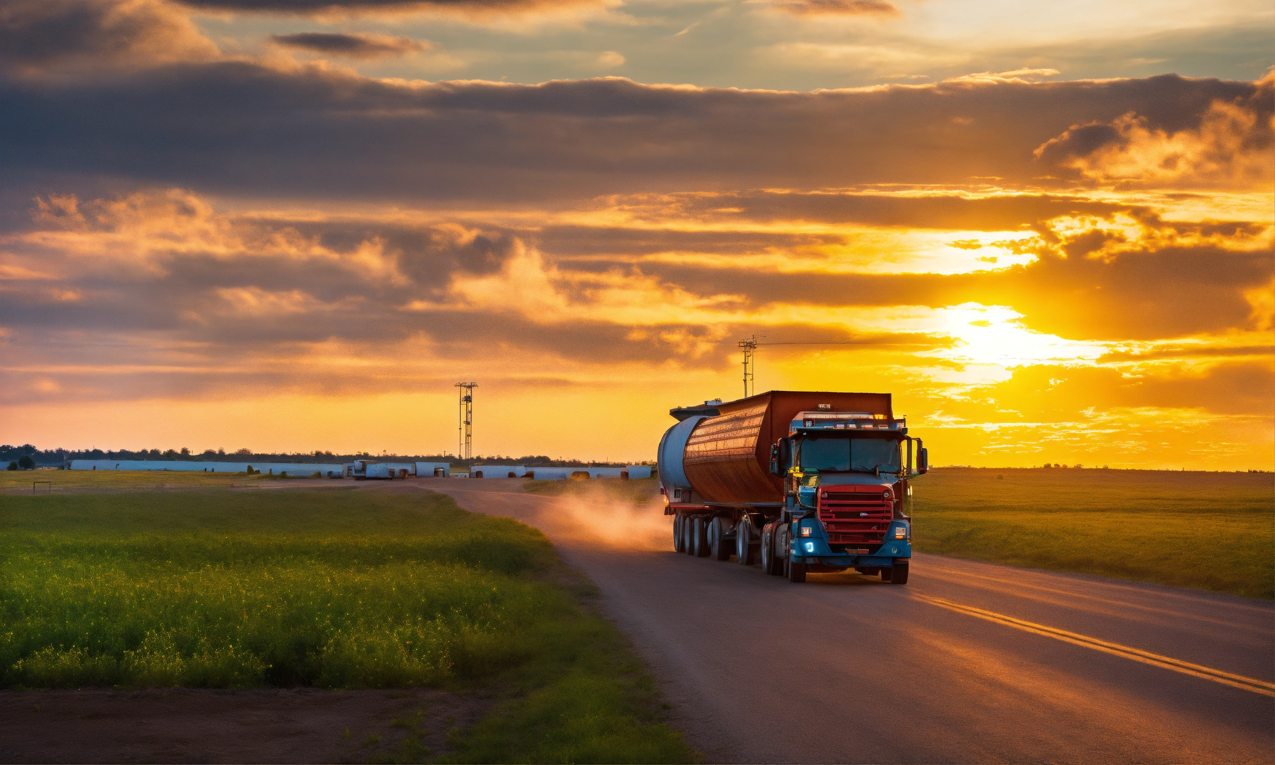 Lexica - Grain truck on a rural road near border checkpoint at sunset ...