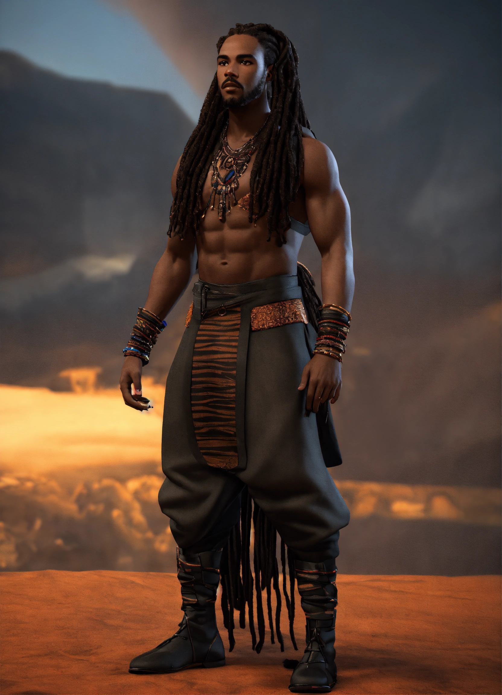 Lexica - 3d render of a Black man with long flowing dreadlocks, 6'5" tall, well-built, full body ...