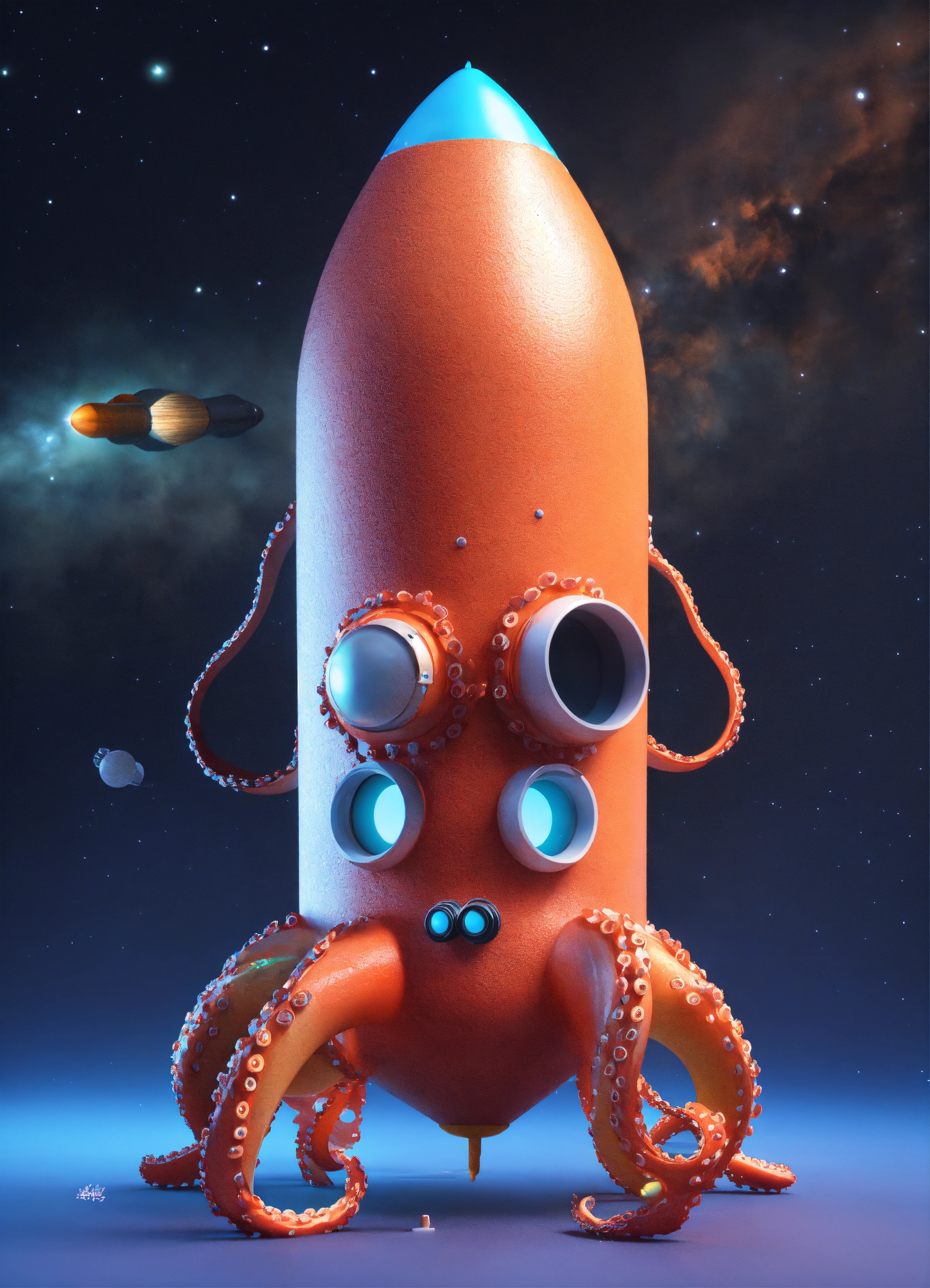 Lexica - An octopus hugging a space rocket, 3d blender