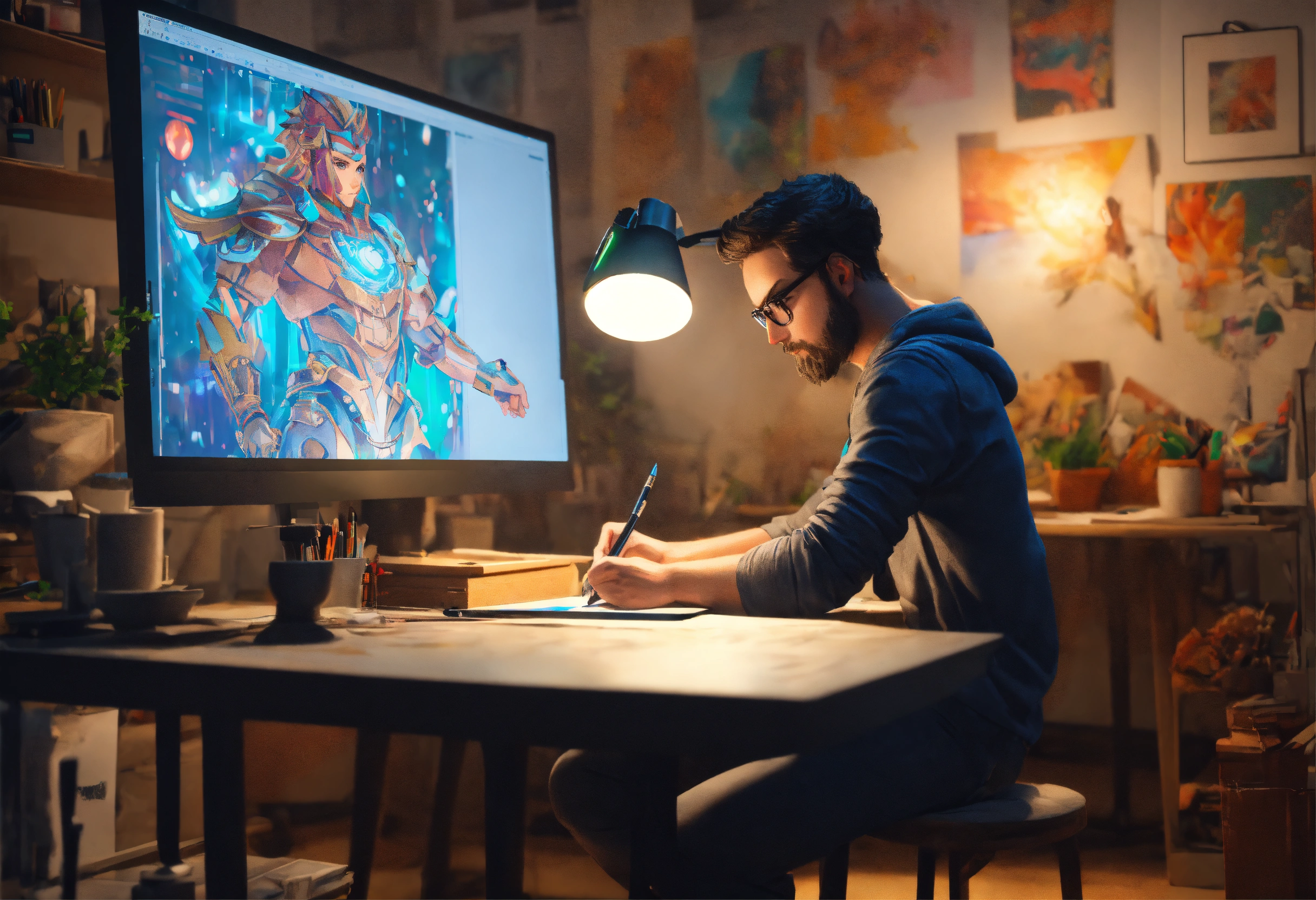 Lexica - An illustrator sits in his bright studio at a computer and ...
