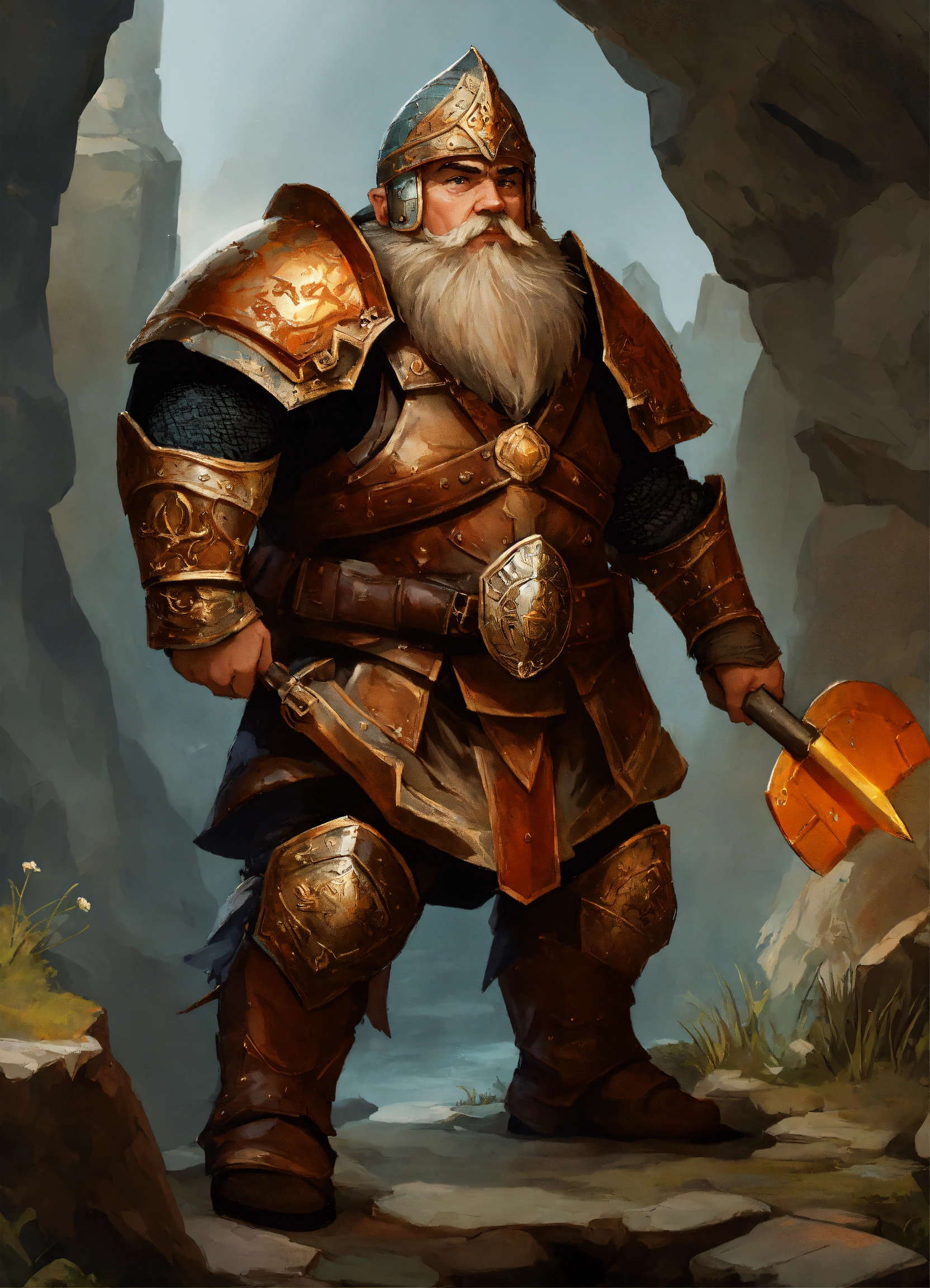 Lexica - A dwarf in full armor holding a shield over his head as if ...