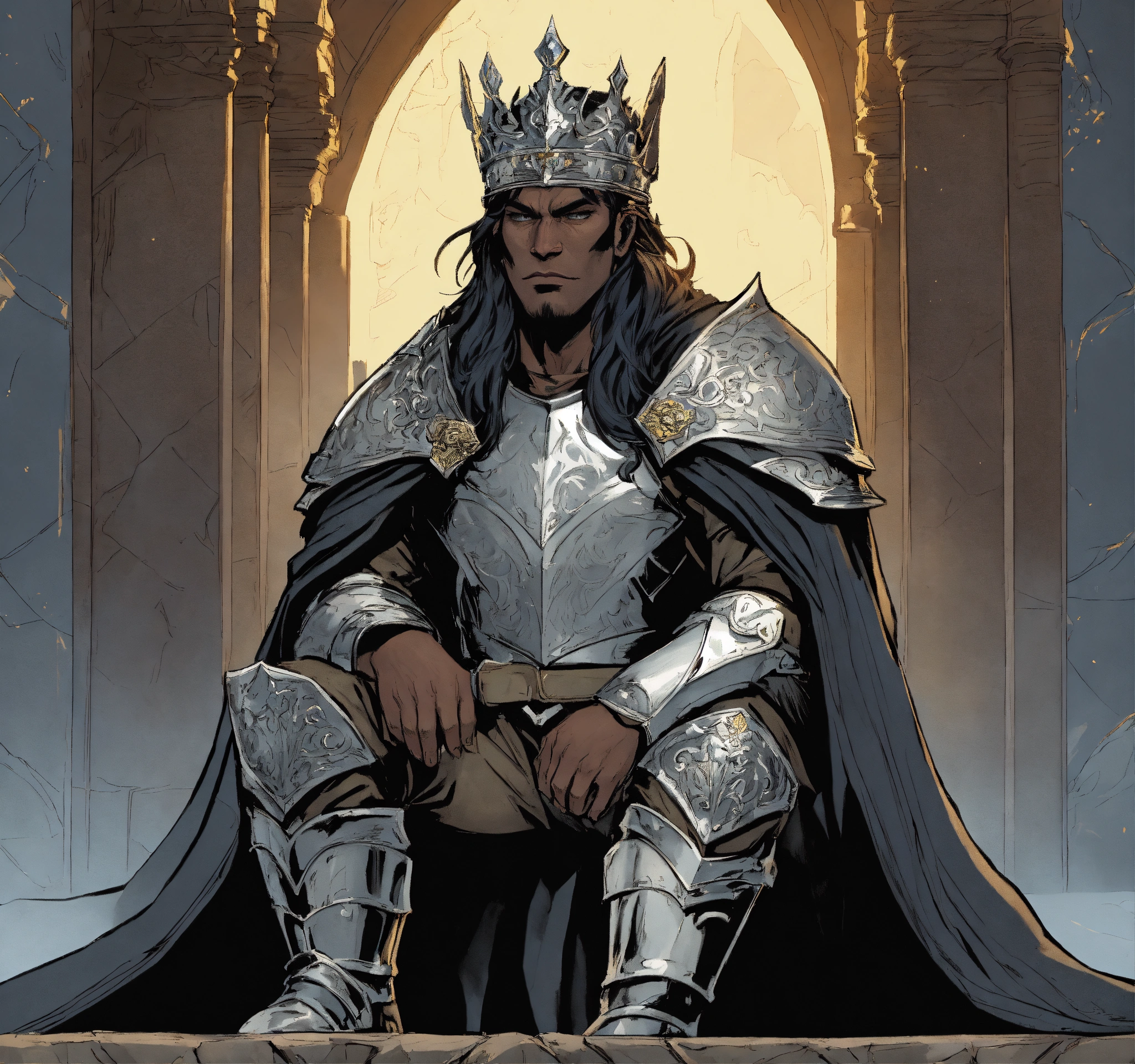 Lexica - Fantasy setting, an enigmatic half-orc king, in mail armor, wearing a silver crown, and ...
