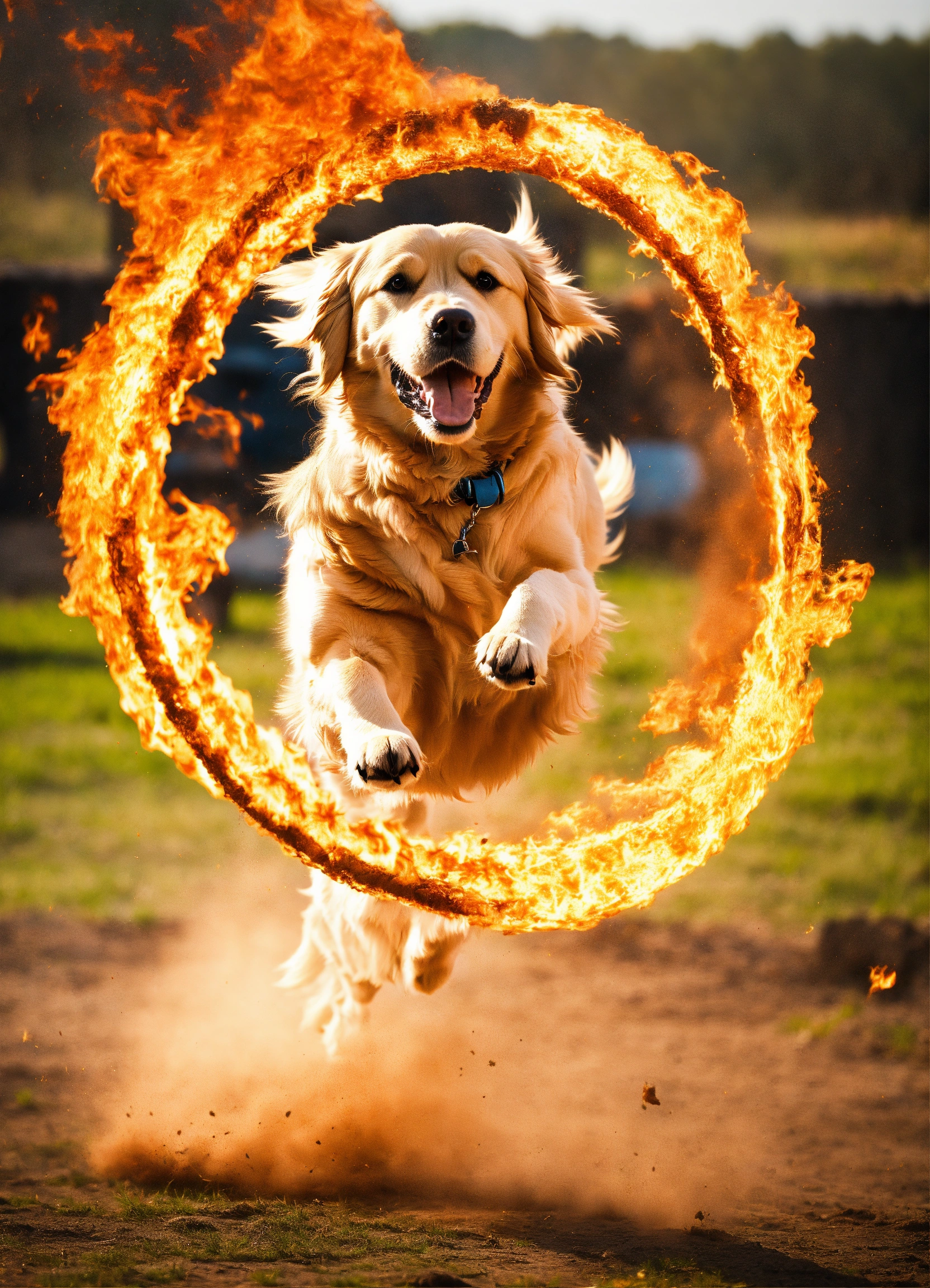 Lexica - Golden retriever jumping through a huge ring of fire outdoors