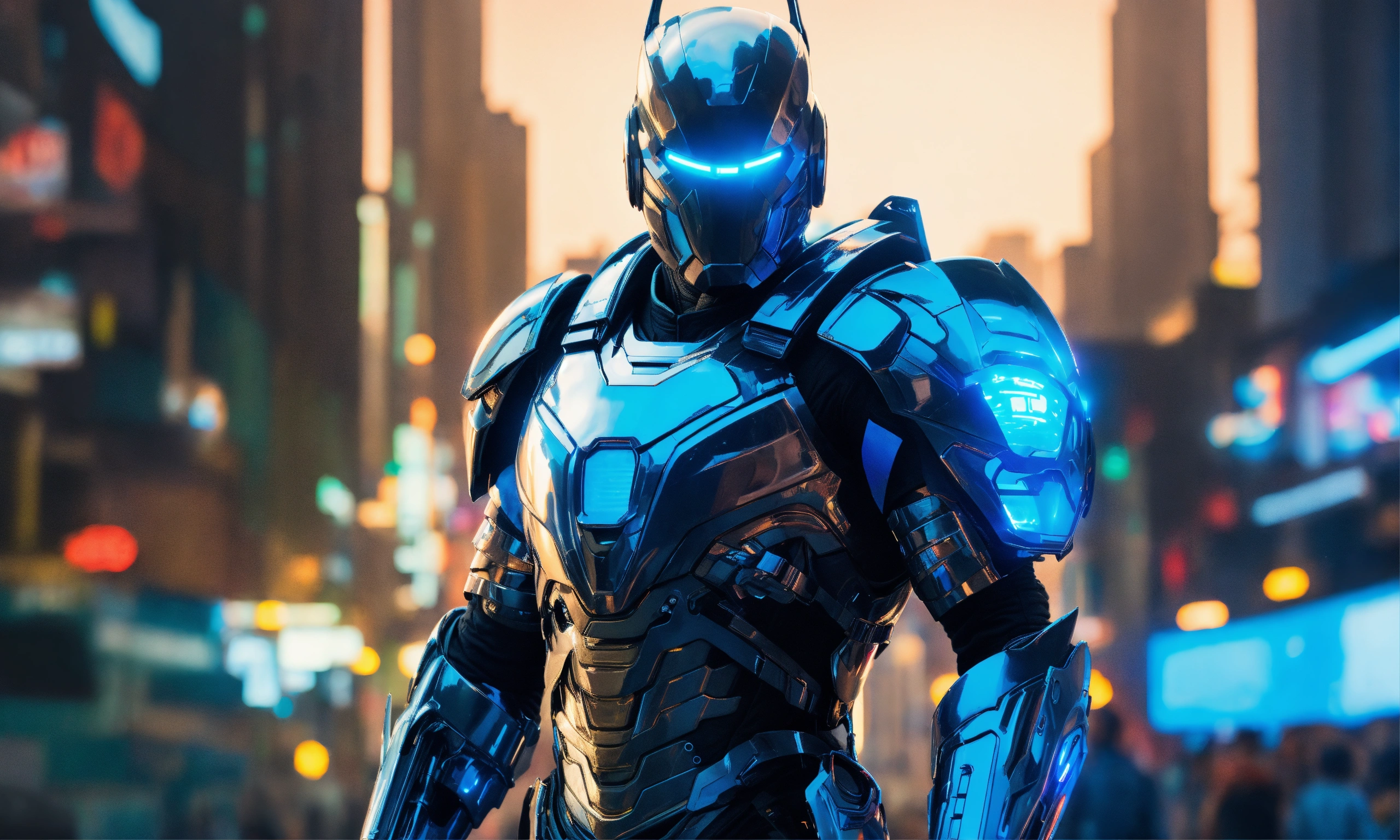 Lexica - Futuristic superhero, wearing a sleek suit of armor, neon blue ...