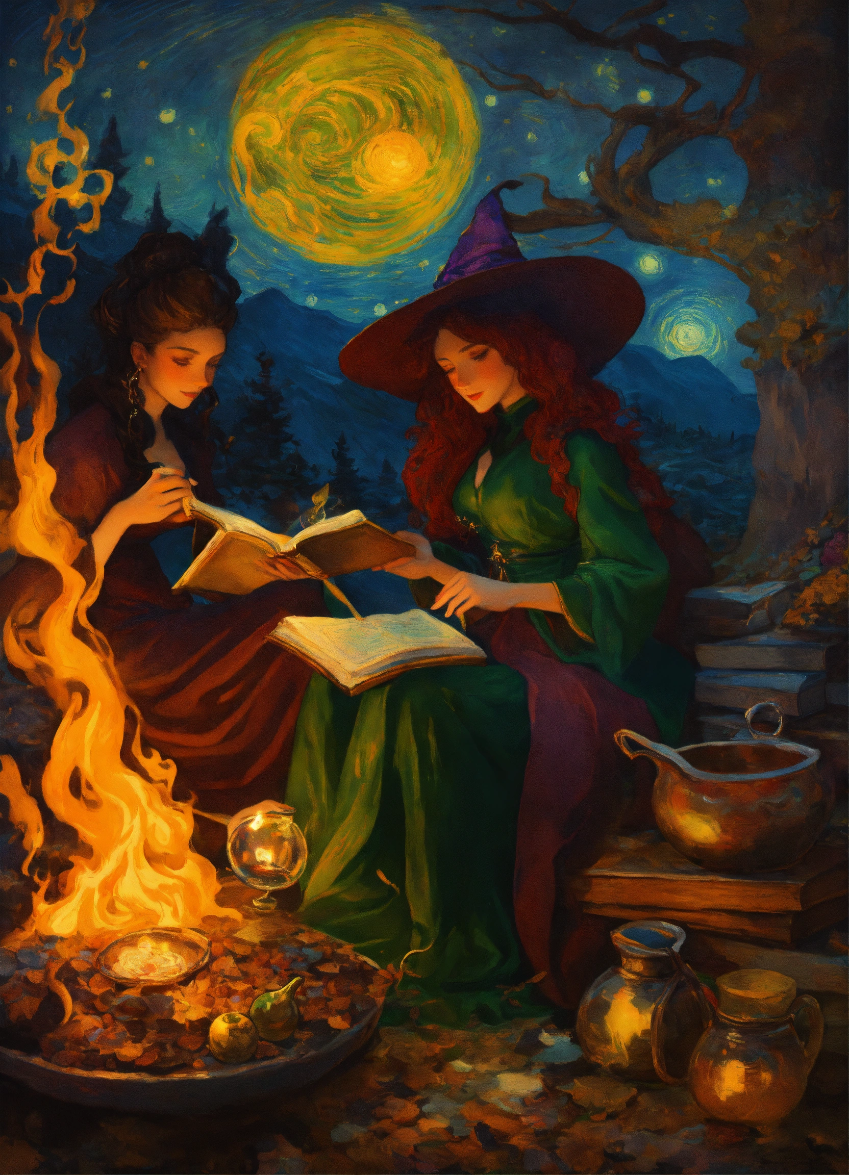 Lexica - 3 fantasy art witches creating a potion. The one in the middle ...