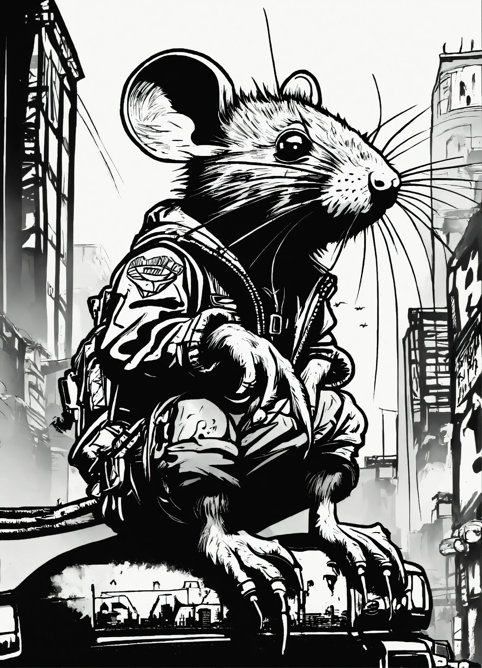 Lexica - Rat punk city, black and white, white background, no ...