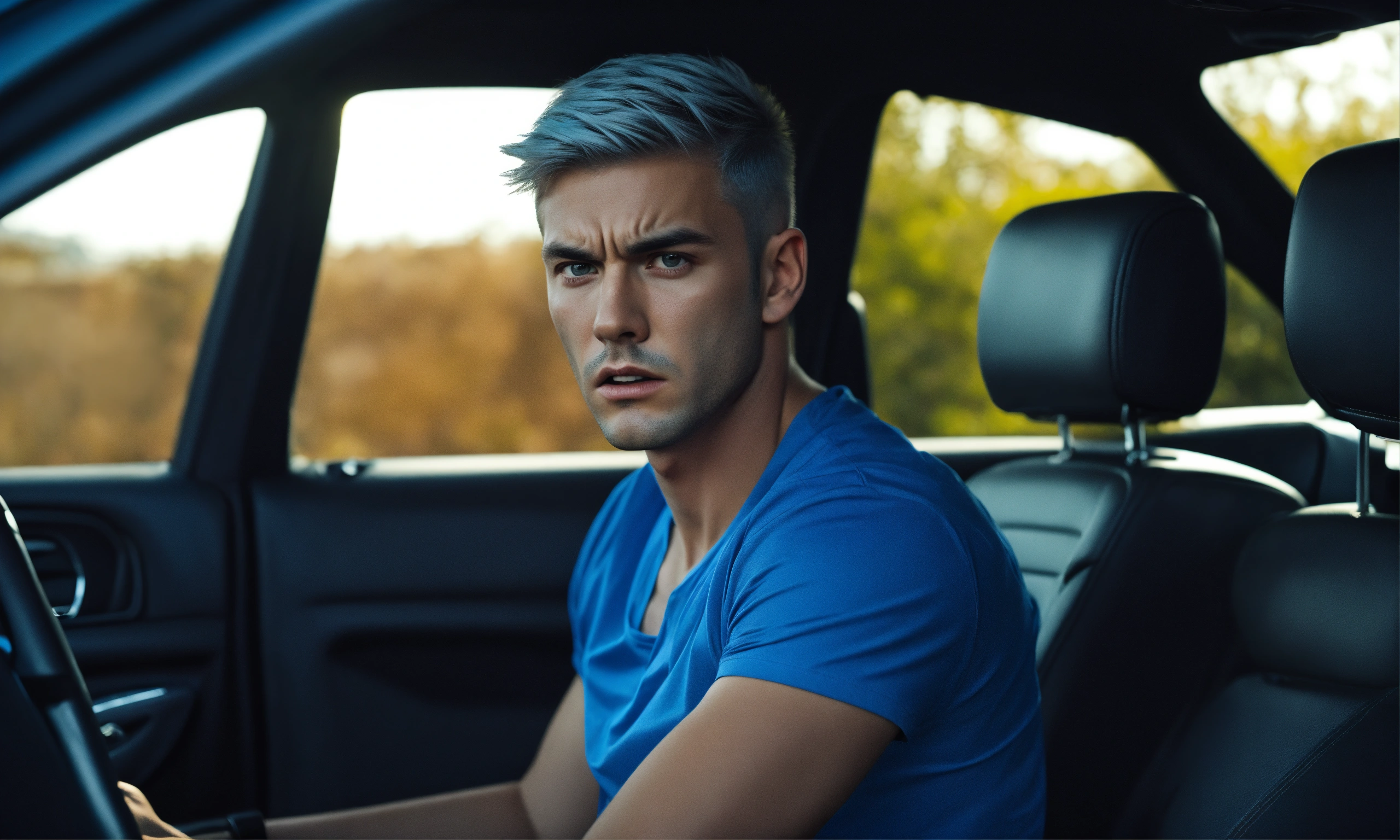 Lexica - Clean-shaven solid bright blue shirt short hair angry sitting in back of a car hyper ...