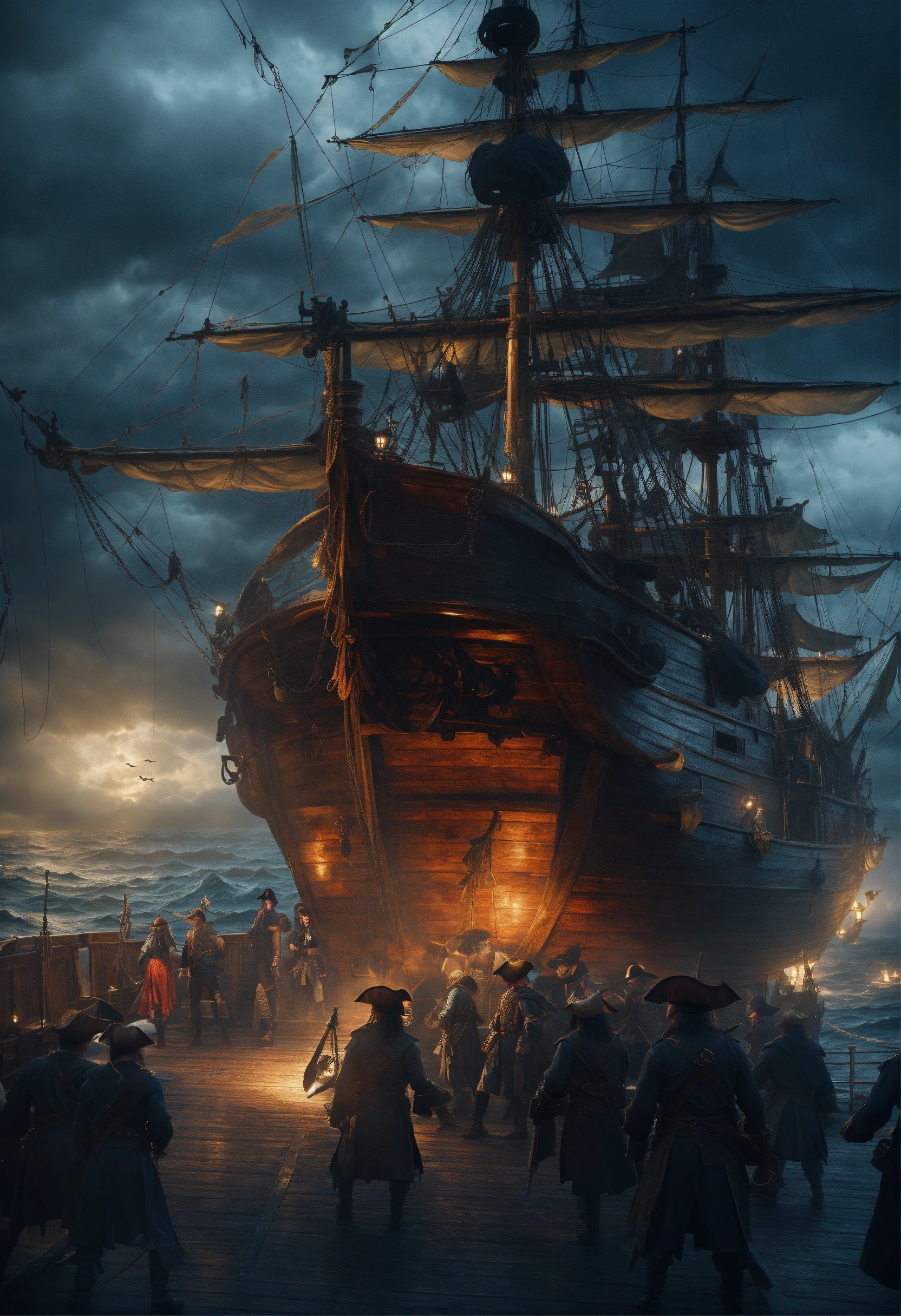 Lexica - An epic fantasy scene featuring pirates on a ship deck. Stormy ...