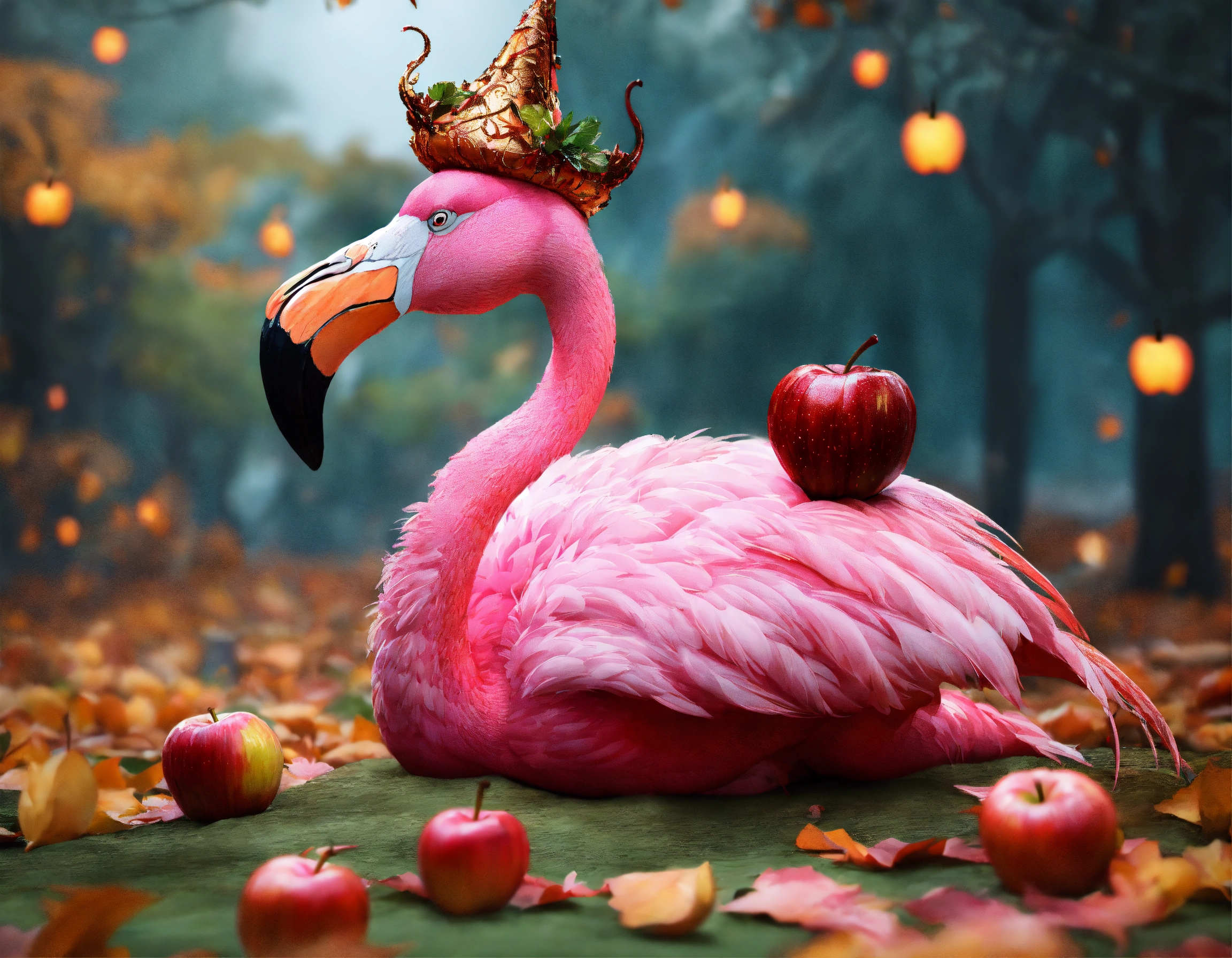 Lexica - A ‘pink flamingo in a dragon costume bobbing for apples on ...