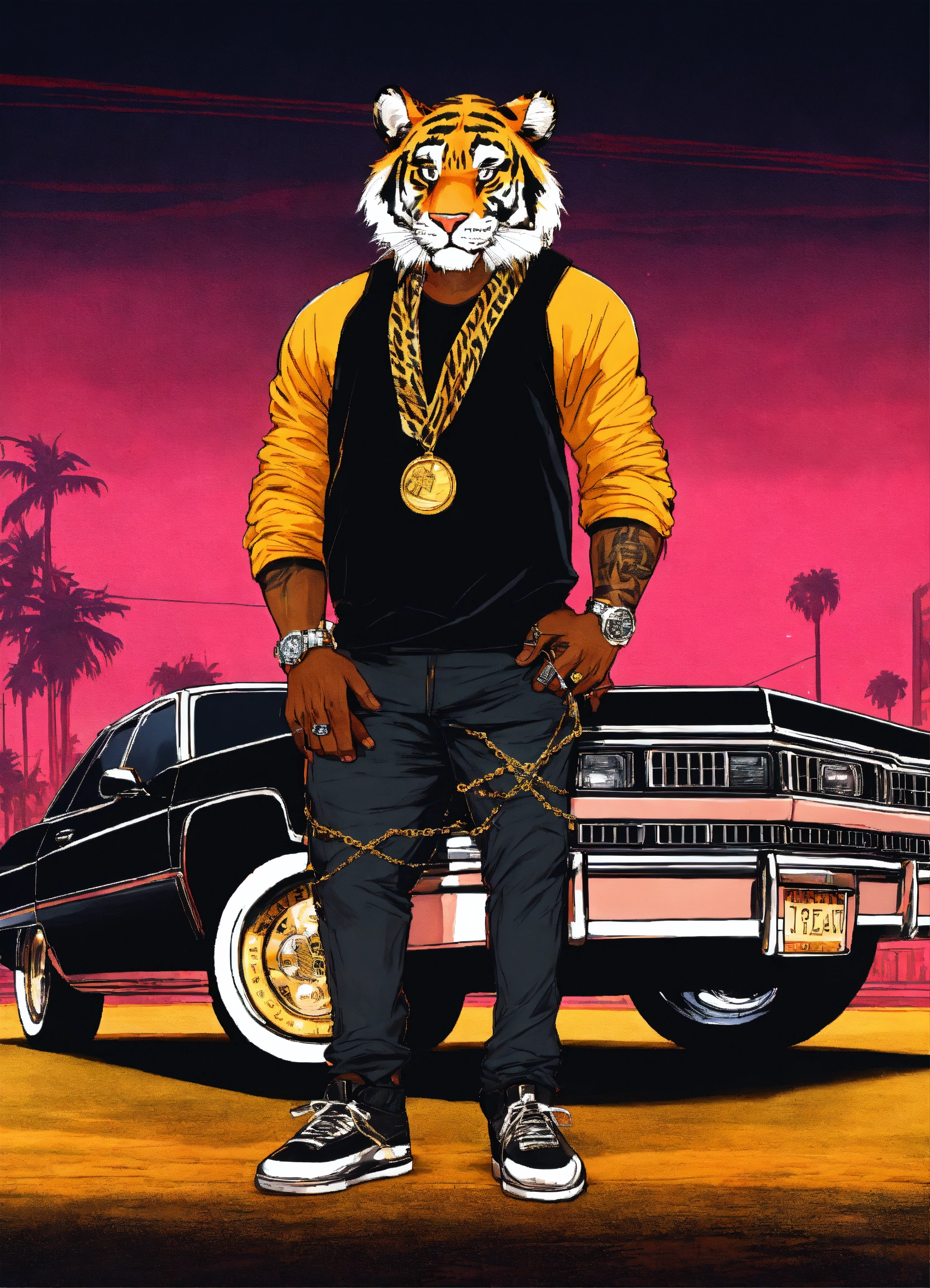 Lexica - Gangsta tony the tiger standing on top of black chevy caprice ...