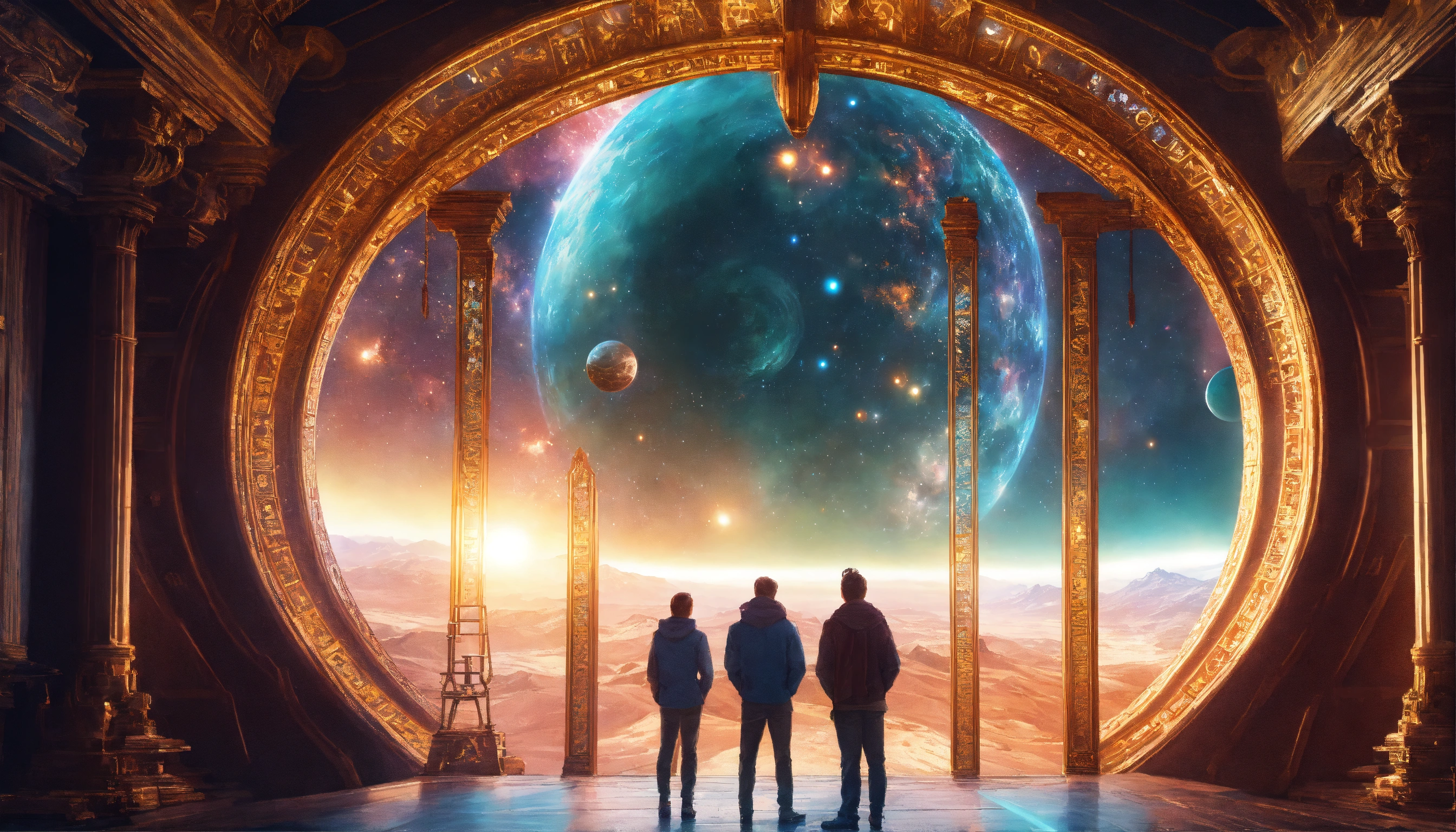Lexica - Group of astronomers gazing into A cosmic gateway connecting ...