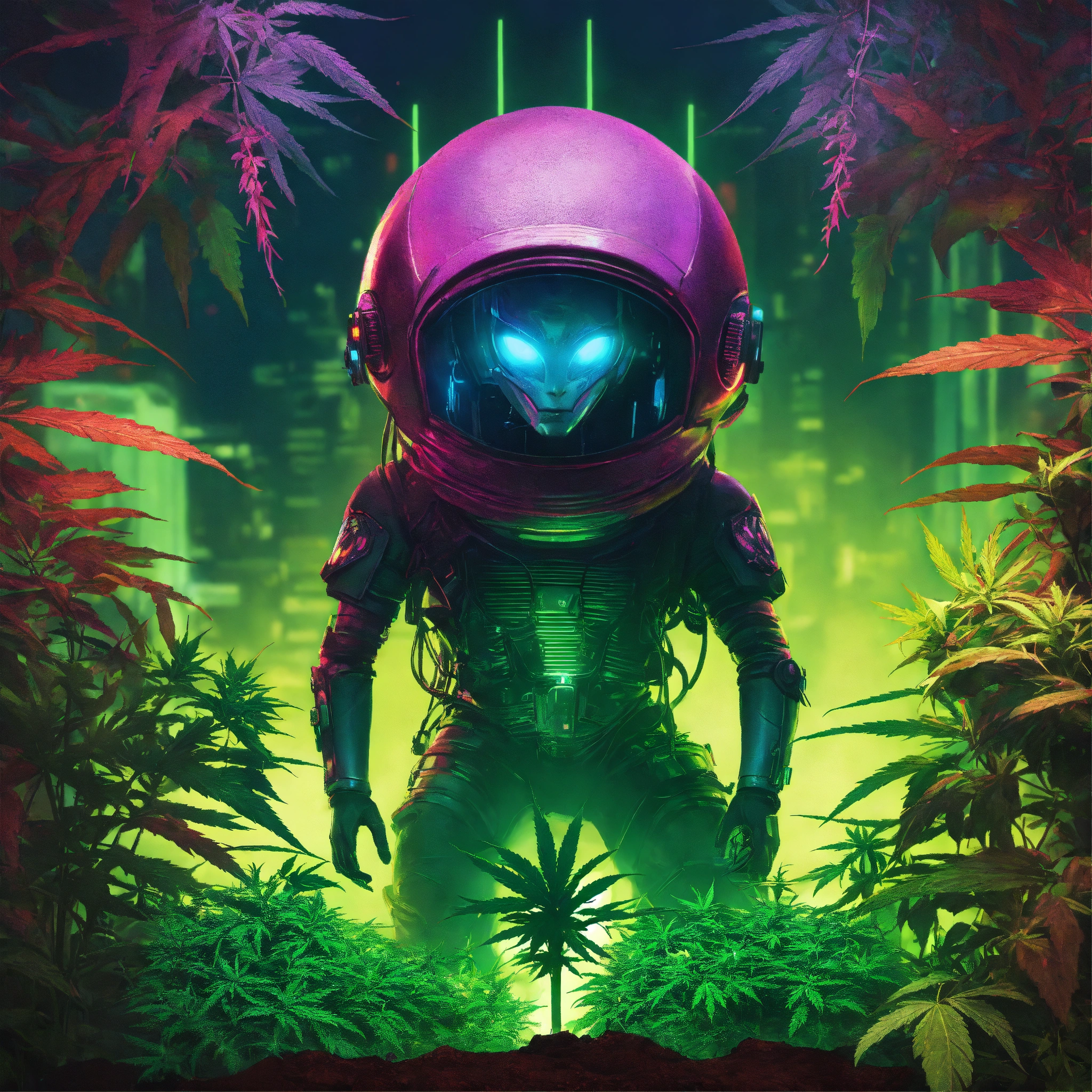 Lexica - Cyberpunk advertising poster of alien , surrounded by cannabis ...
