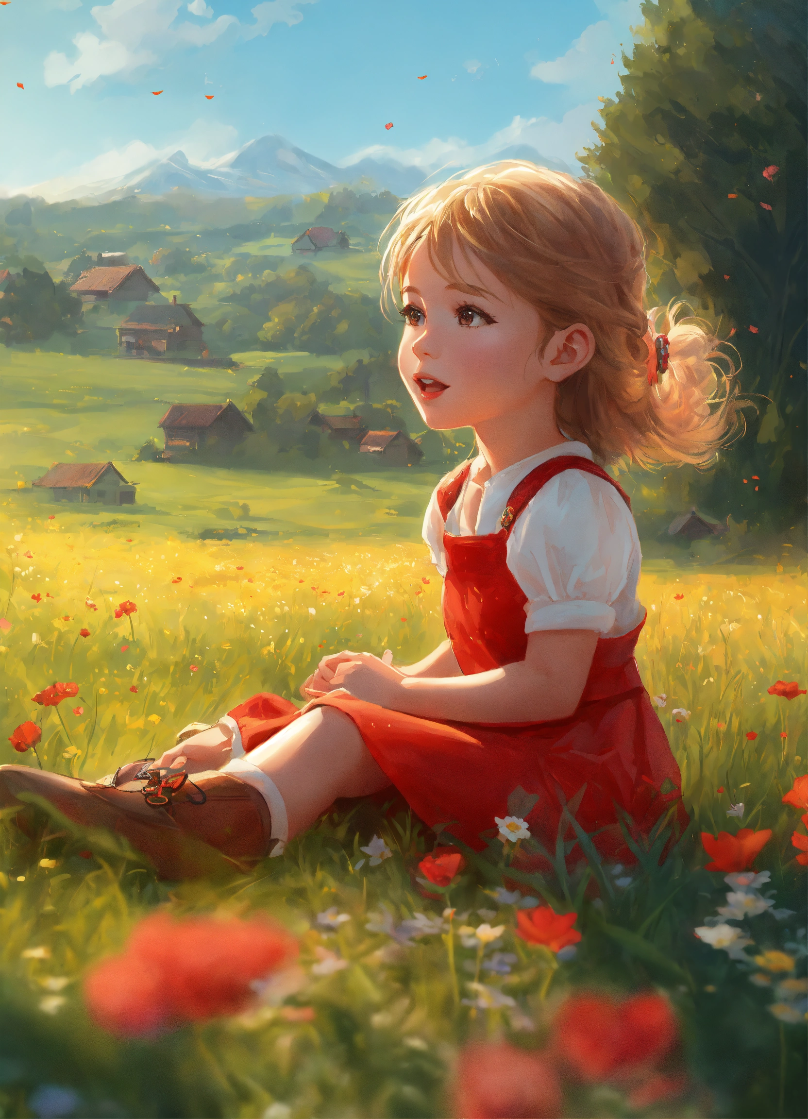 Lexica - View of gorgeous meadow with 2 year old lhappy girl in red ...