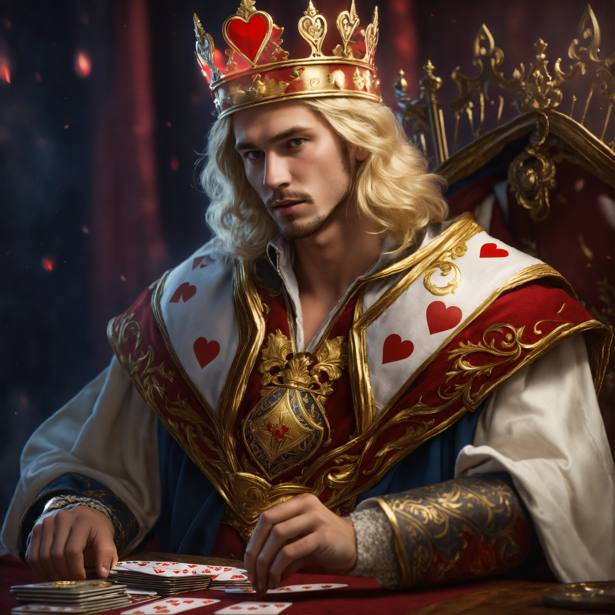 Lexica - Medieval fantasy blonde king with a fancy robe holding a deck ...