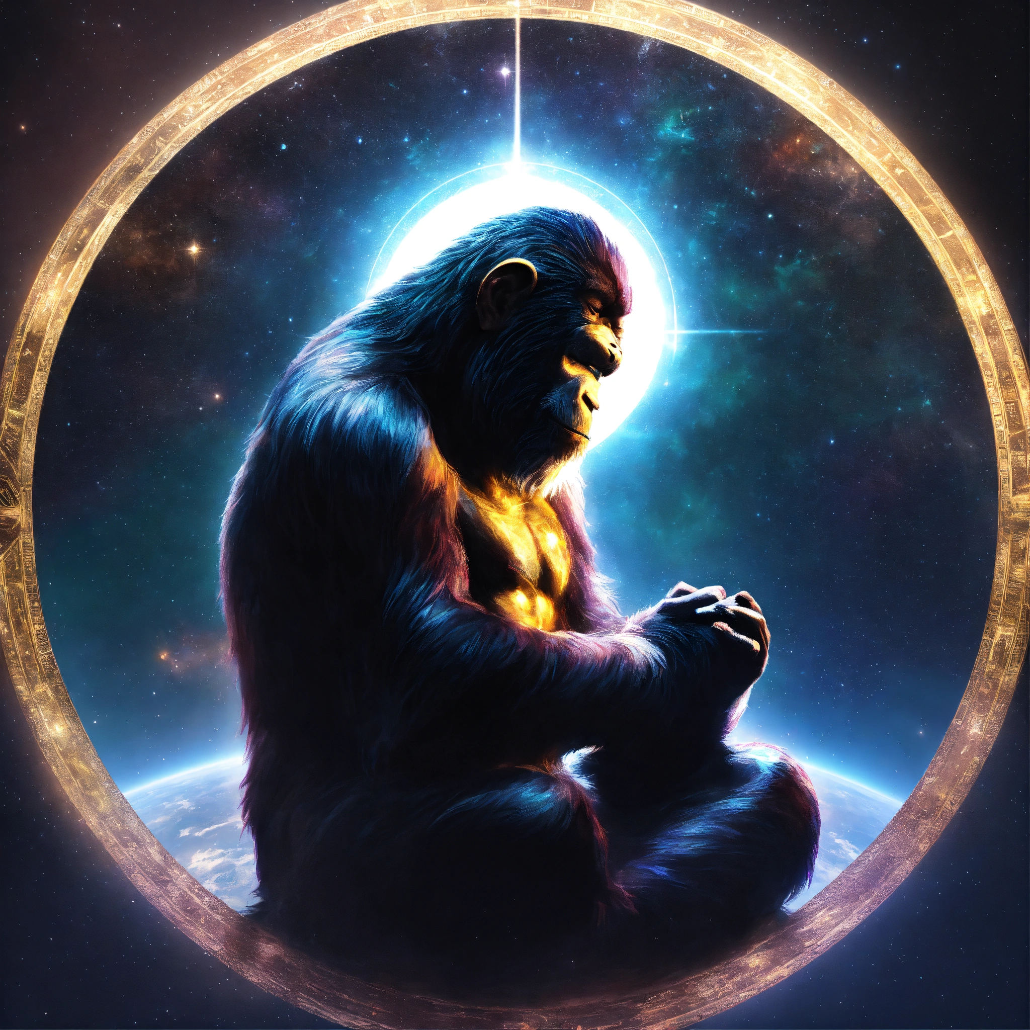 Lexica - Apes praying to a human god in space, in circle image ...