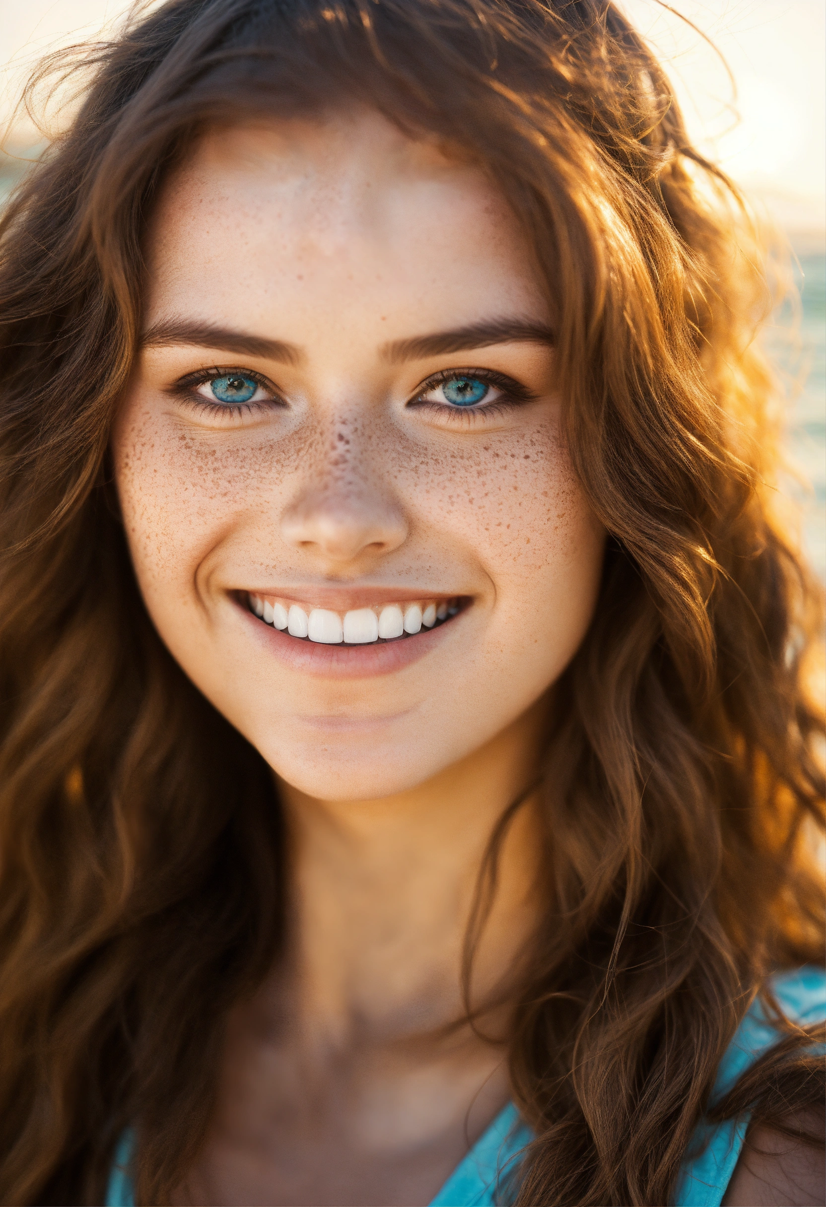 Lexica - Beautiful petite woman on the beach, smiling, freckles, wavy ...