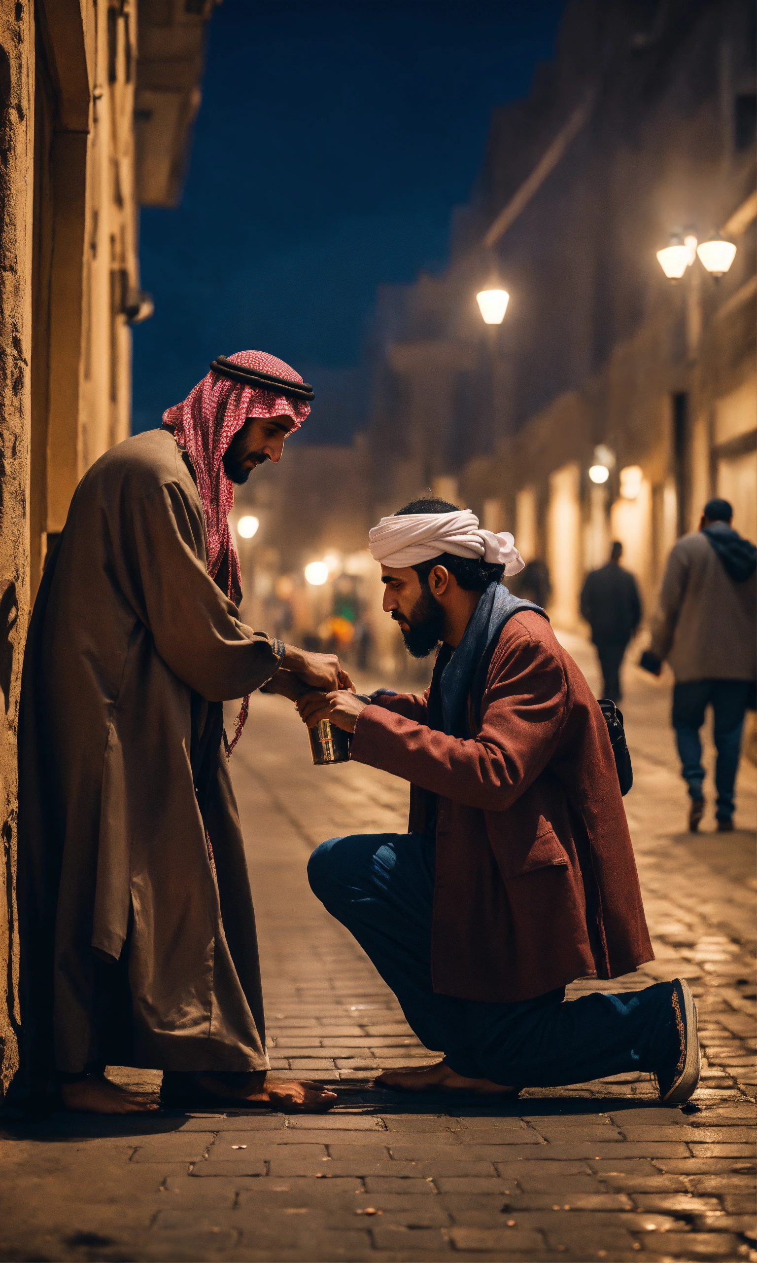 Lexica - A middle eastern man helping a poor beggar in the street ...