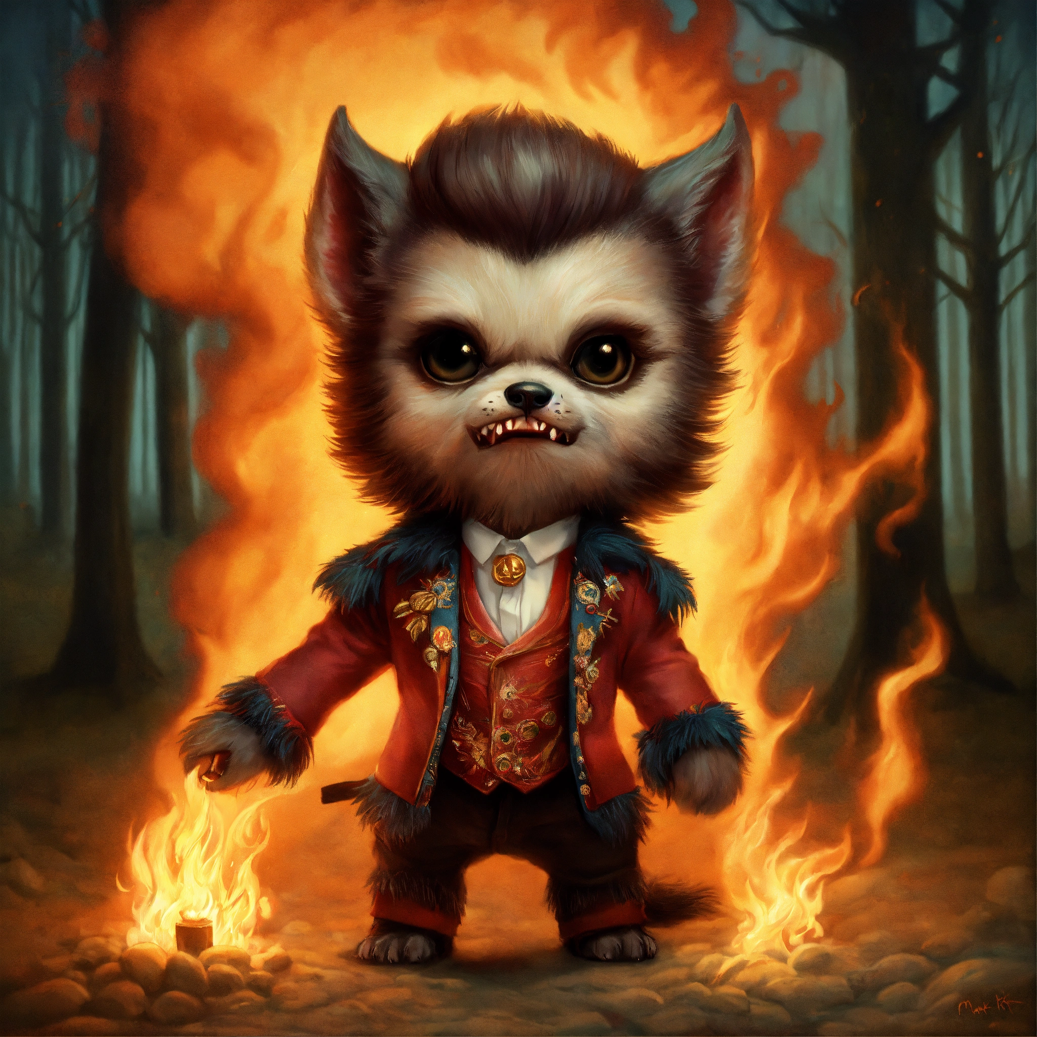 Lexica - A cute werewolf whit elvis costume in flames by mark ryden