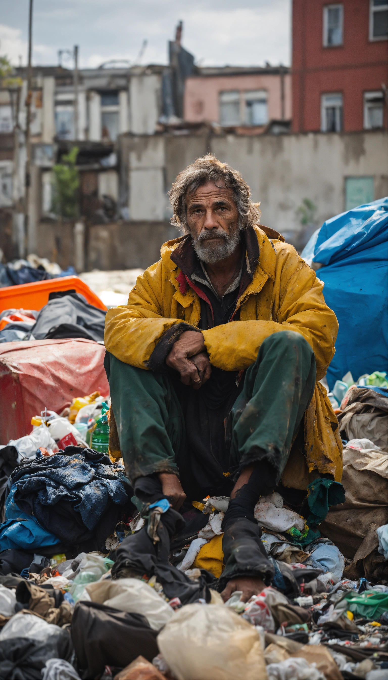 Lexica - A homeless man in tattered dirty clothes sits on a rubbish ...