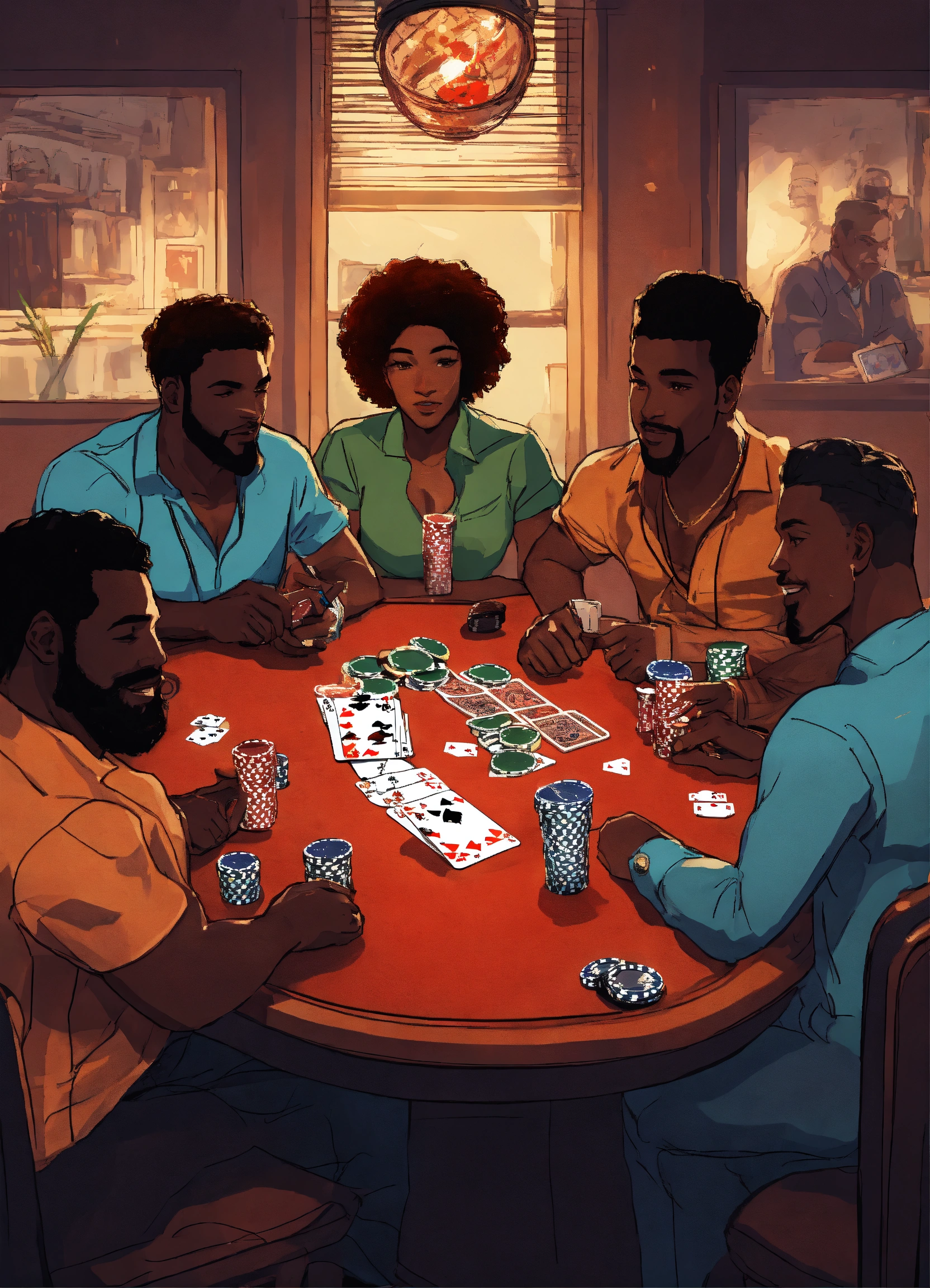 Lexica - 6 black characters playing poker while and drinking doodle