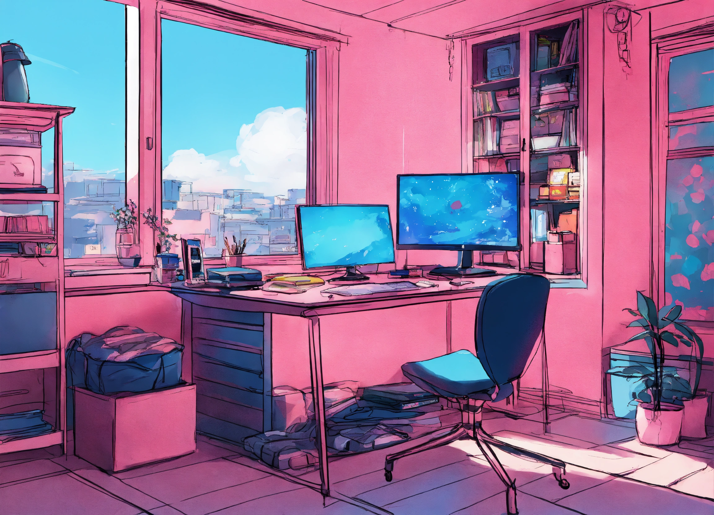 Lexica - Pink and blue anime bedroom desk, computer, sketch style