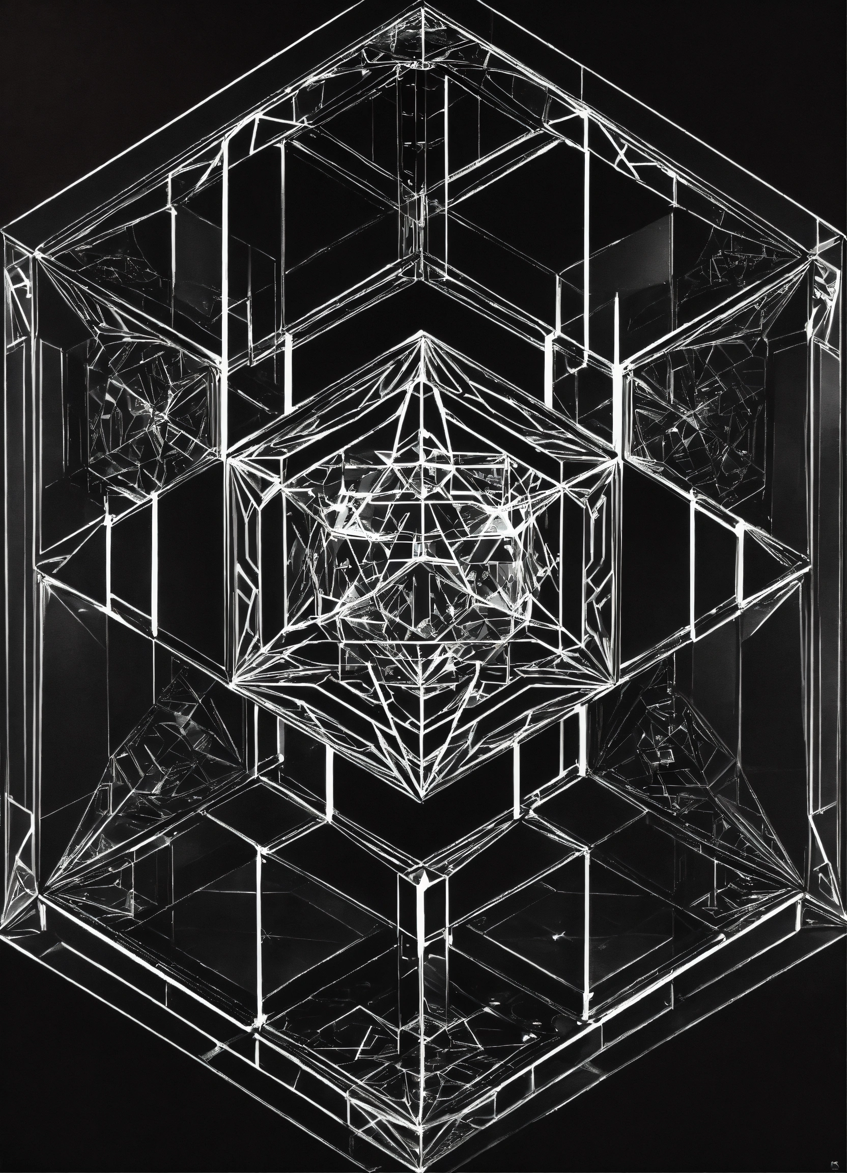 Lexica - Tesseract hypercube fratcal symbols, black and white