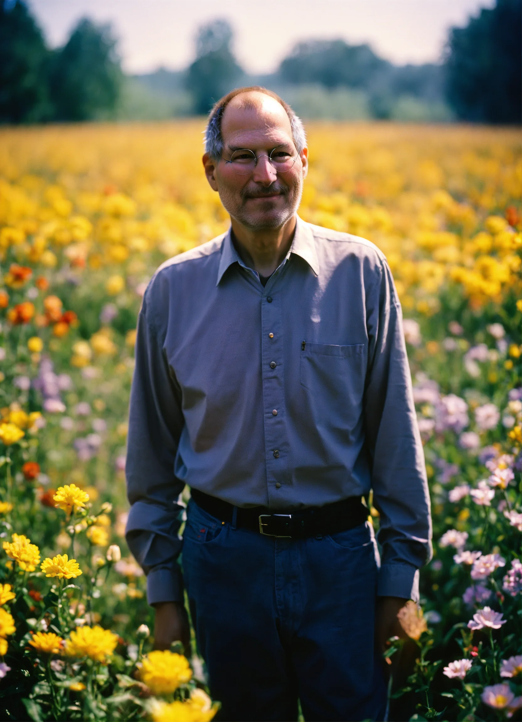 Lexica - Happy Steve Jobs standing in a beautiful field of flowers ...