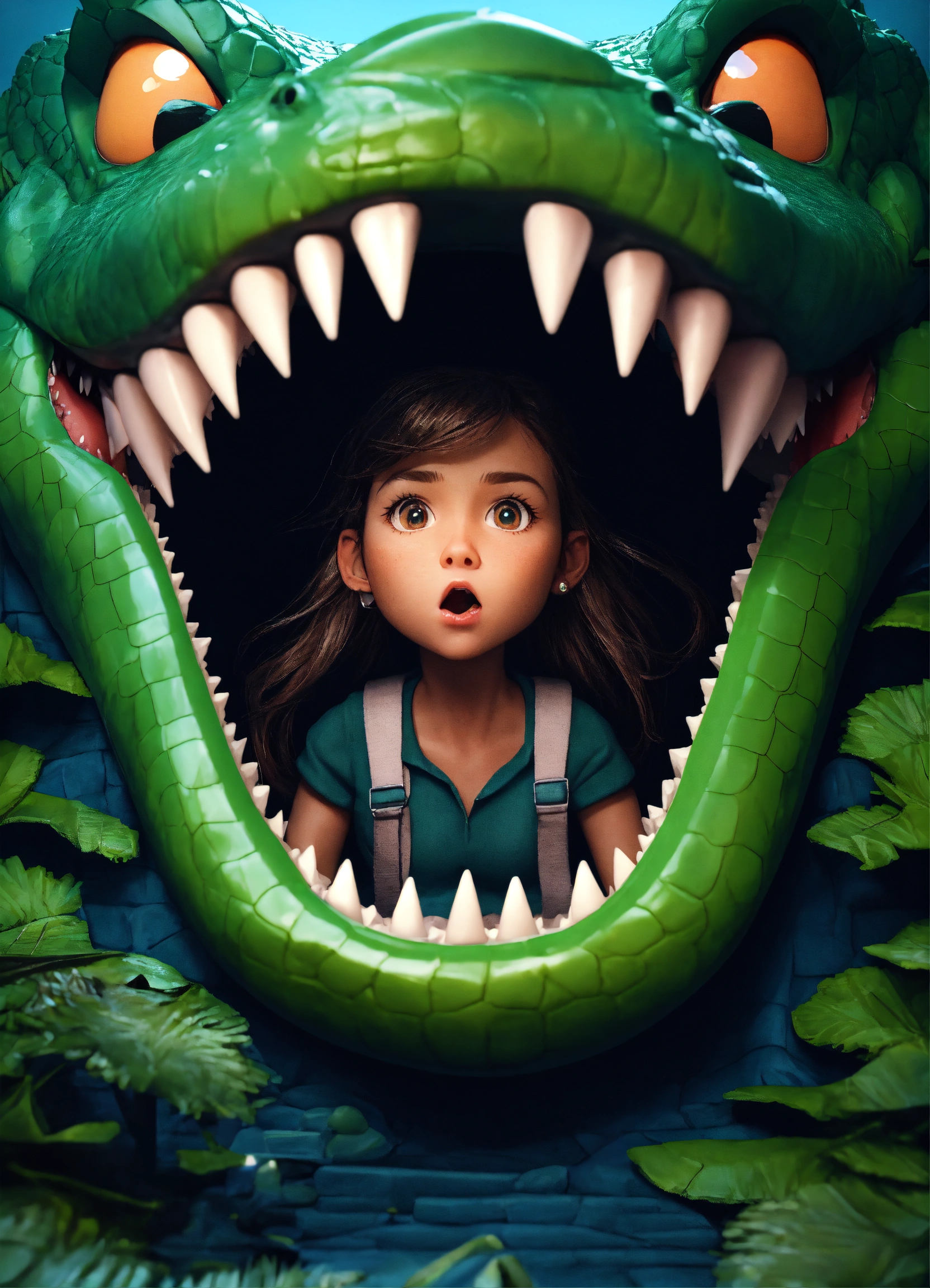 Lexica - Scared girl sitting deep entirely inside crocodile's open huge ...