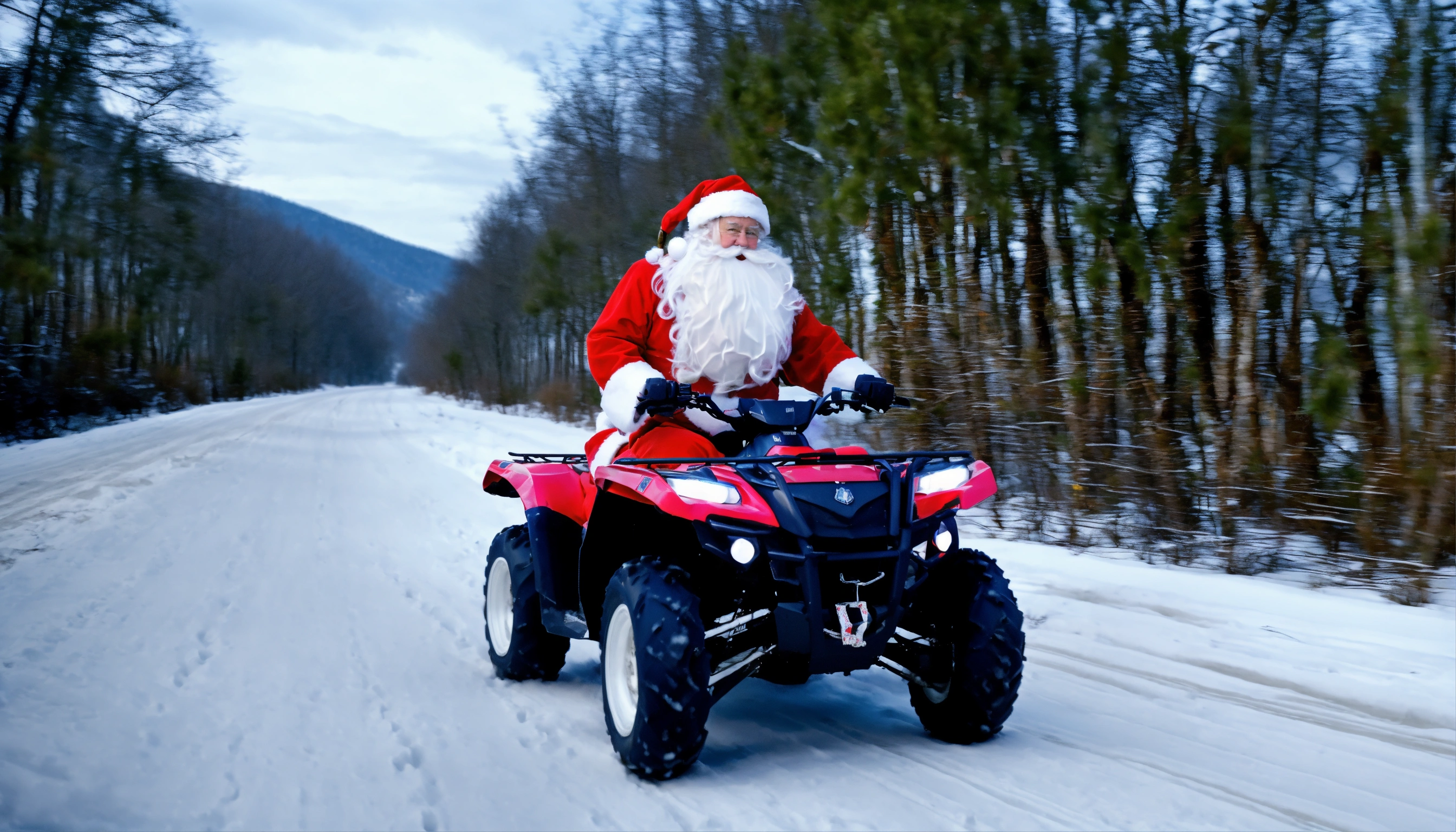 Lexica - Santa Claus with big sack bag rides along a snowy road on an ...