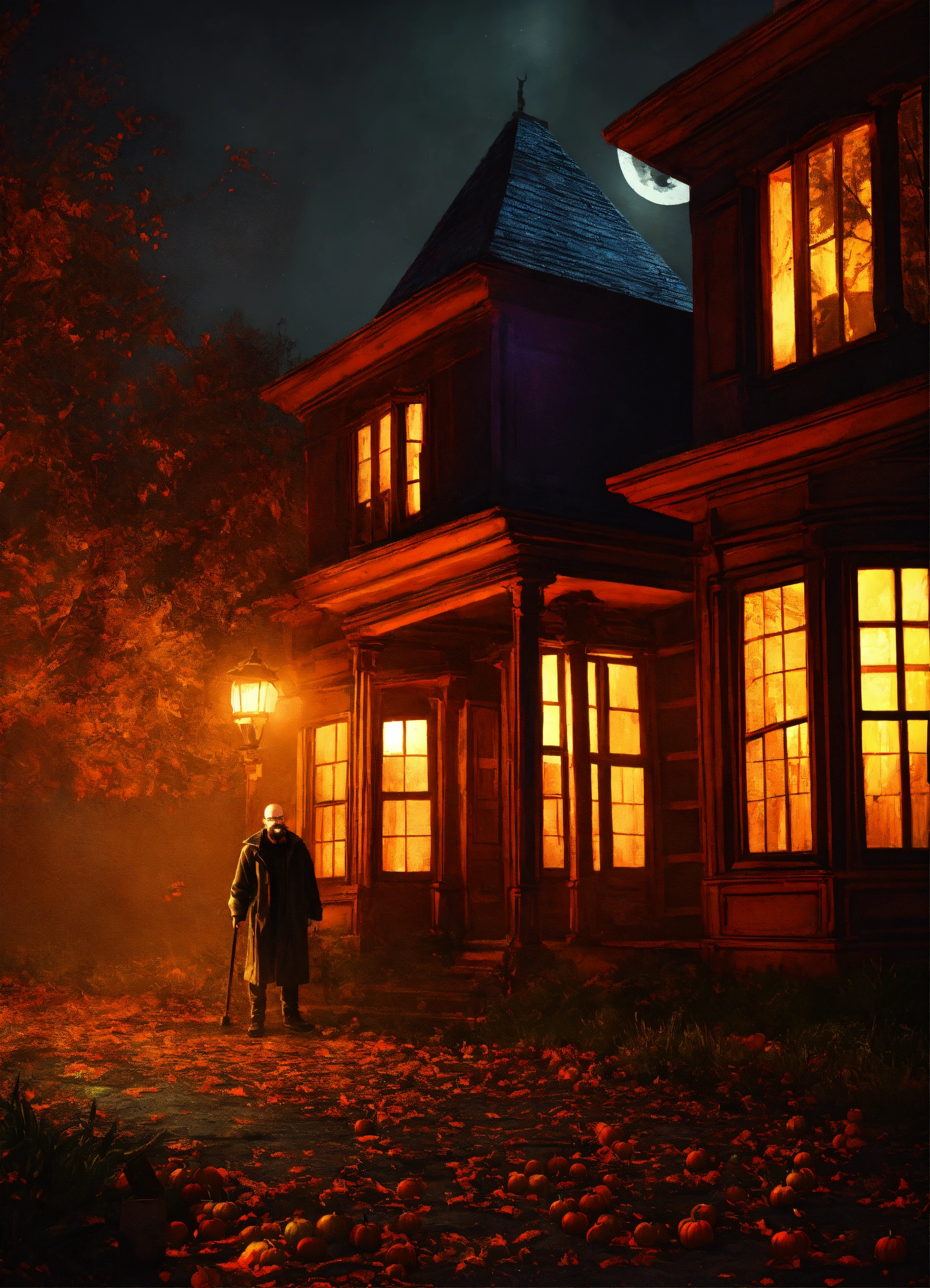 Lexica - Bald man with beard Haunted house during Halloween at night ...