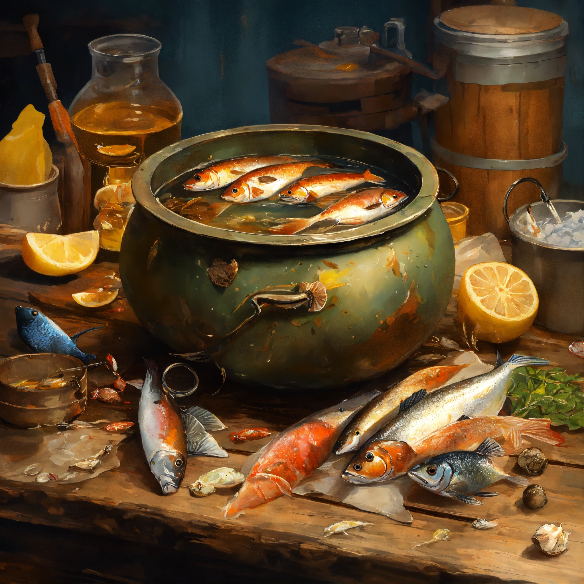 Lexica - Concept art of a lead pot with liquid fish glue, on top of a ...