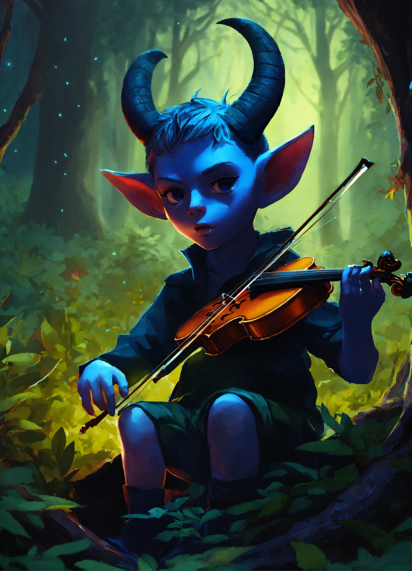 Lexica - Small demon boy with small horns , in a forest at night ...