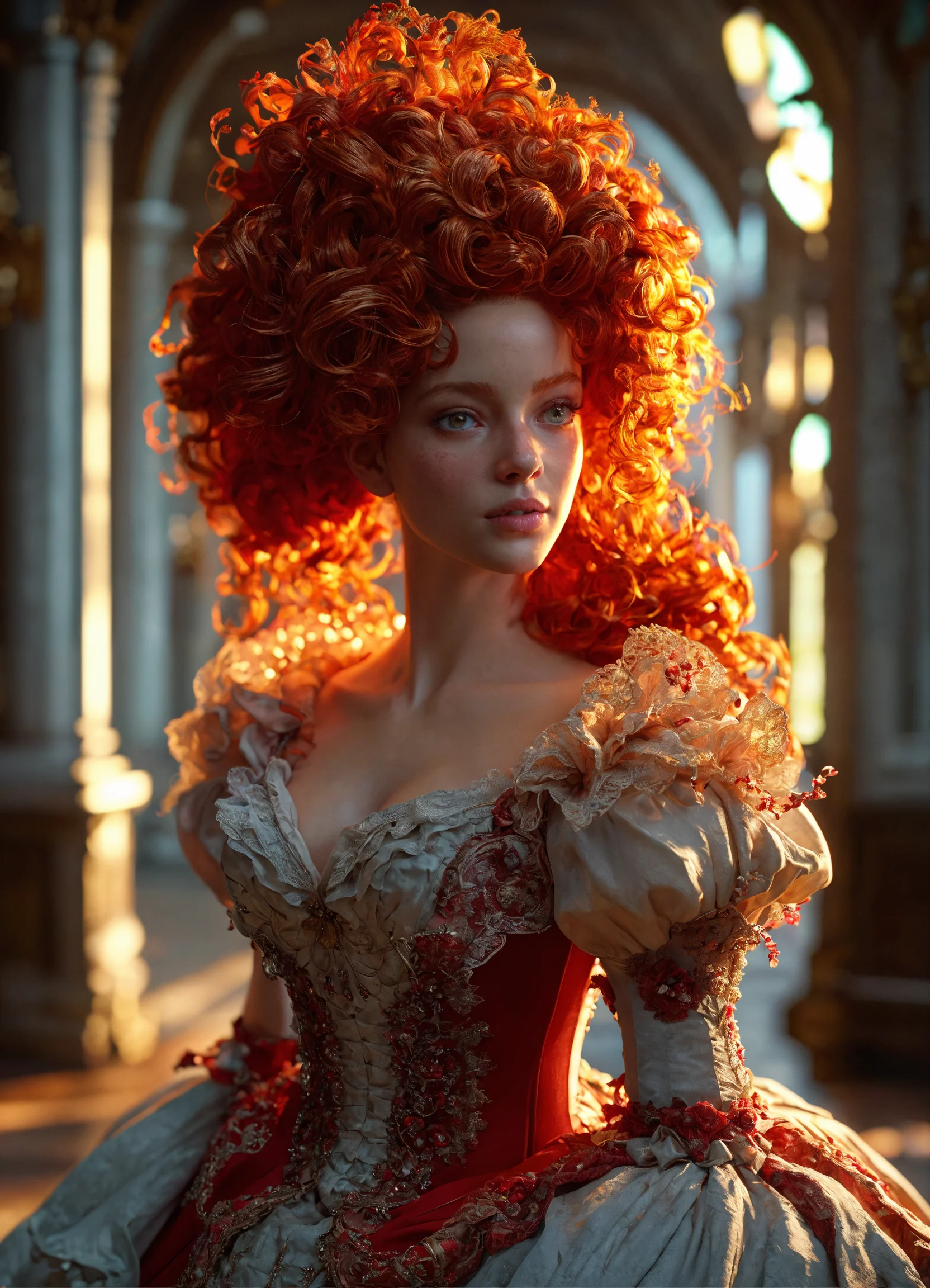 Lexica - "Beautiful Rococo Princess", elaborate gown, massive curly red ...