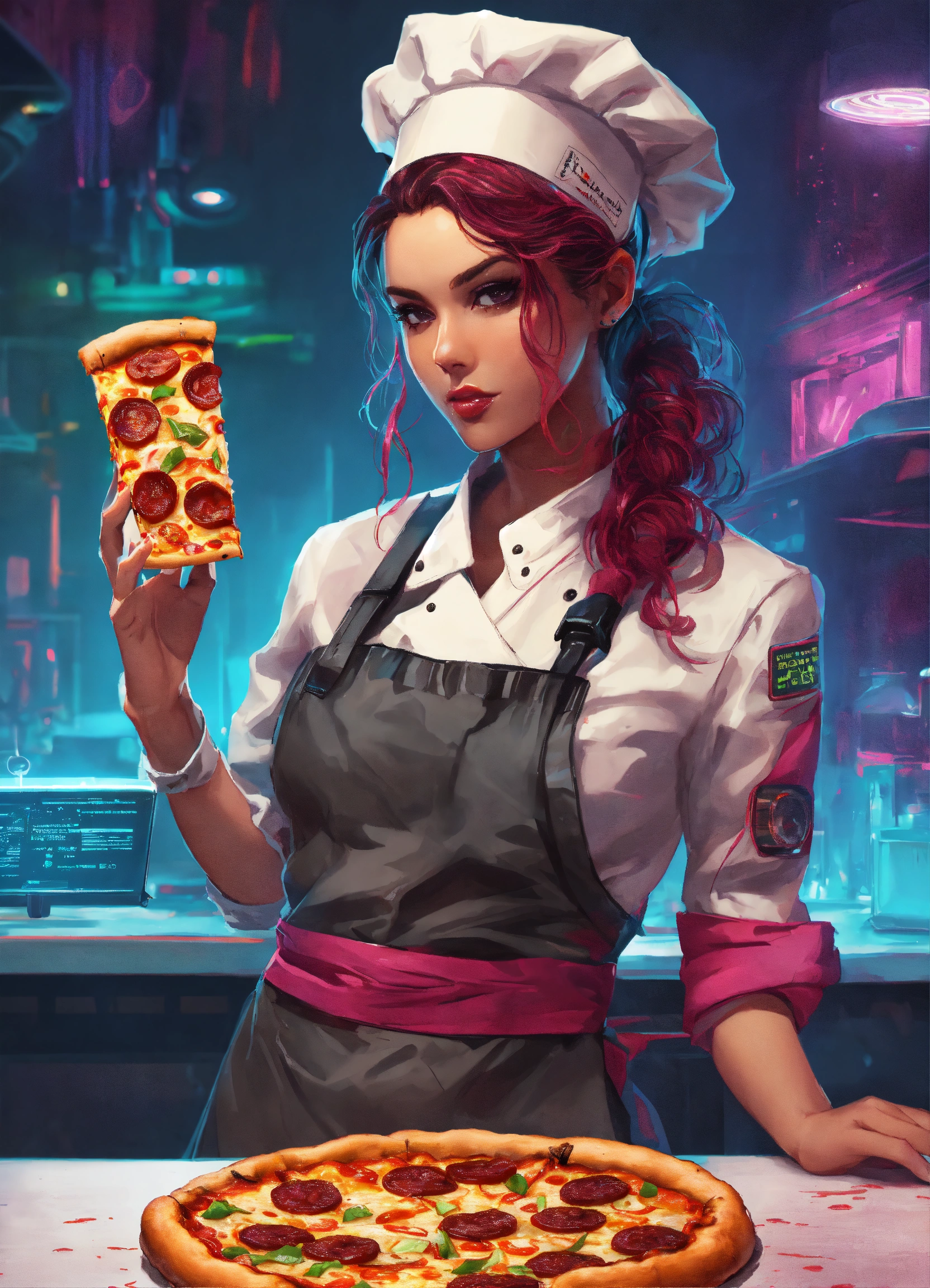 Lexica - Female chef with pizza cyber punk tech