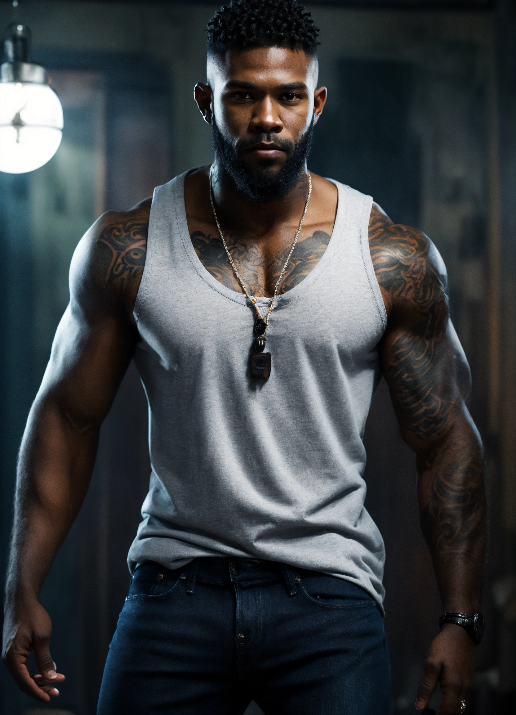 Lexica - Very Handsome black male werewolf, light eyes, beard, wearing ...