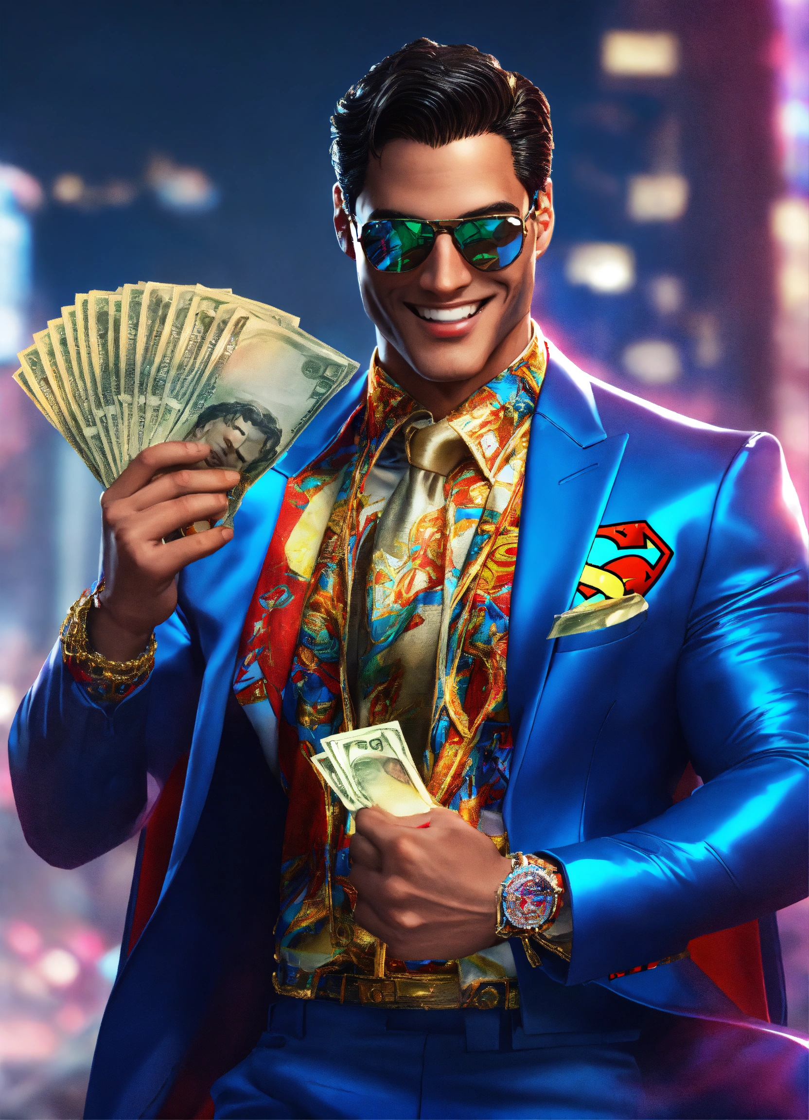 Lexica - Superman in Versace suit smiling, holding money, hip-hop ...