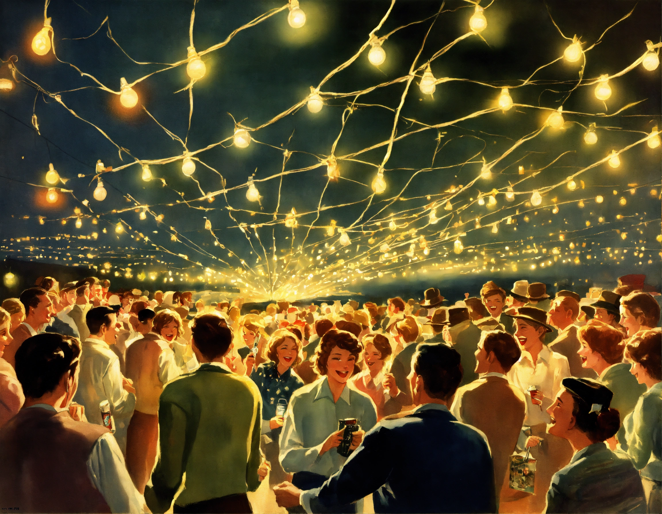Lexica - Lights in network of string turning on, happy people celebrate ...