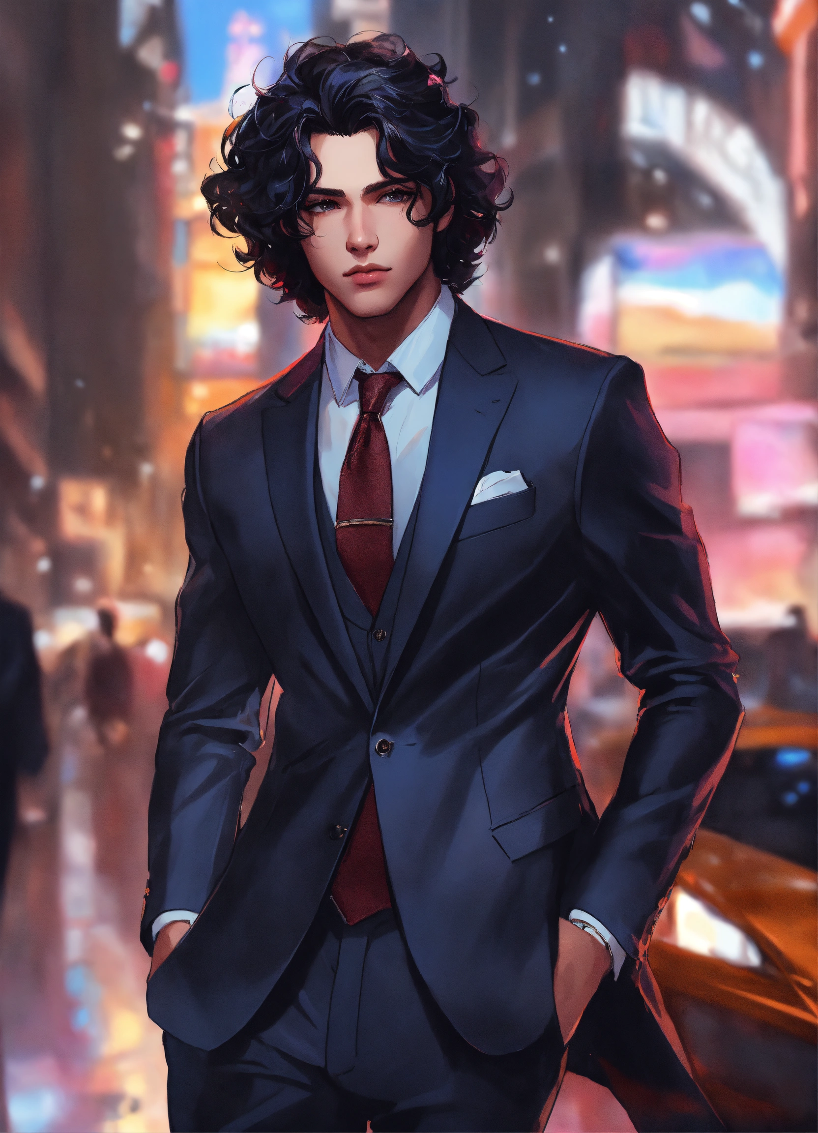 Lexica - Illustration of young man, suit, wavy black tousled hair ...