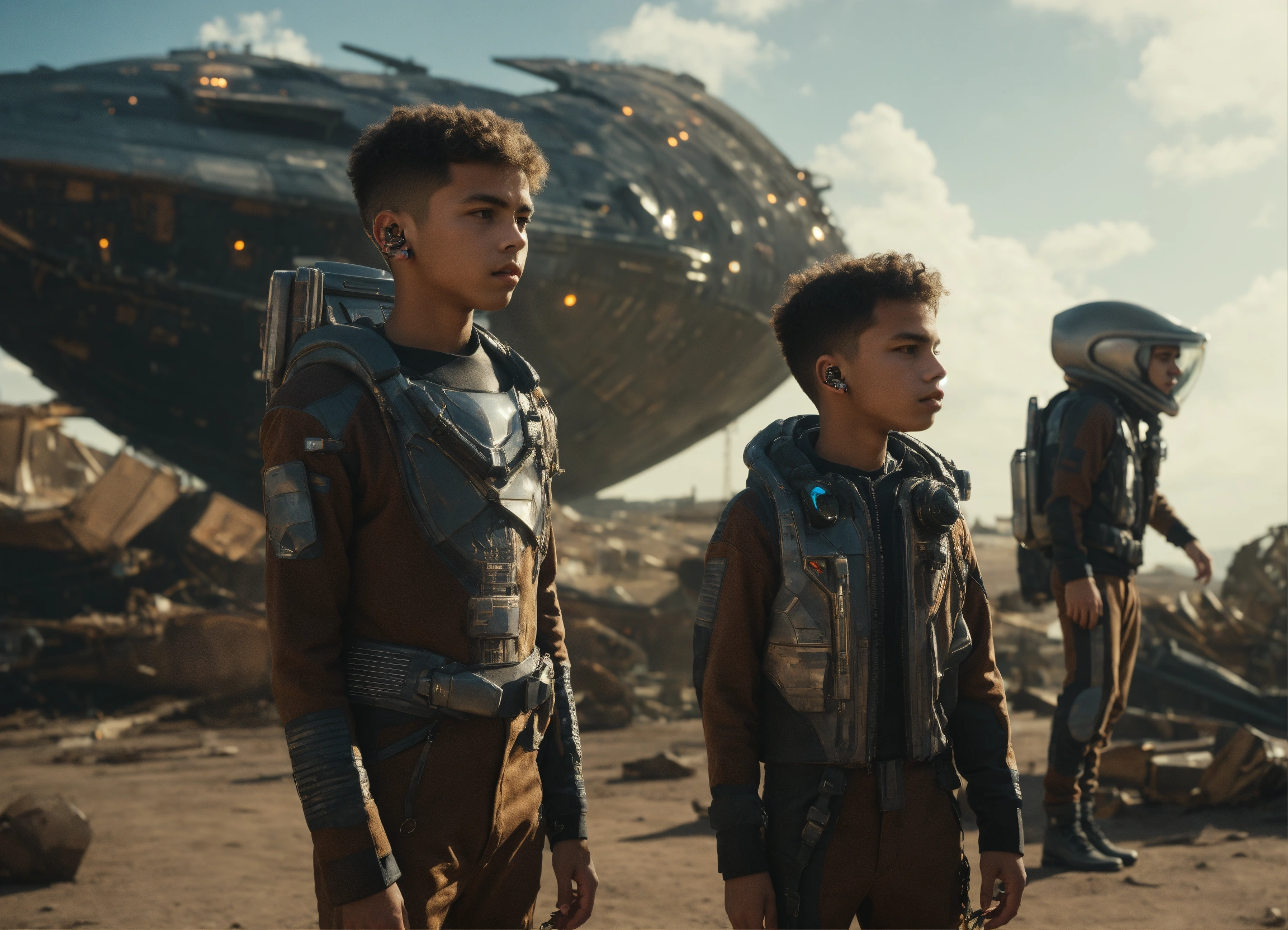 Lexica - Zoom out of a 3 boys standing outside a wrecked star ship ...