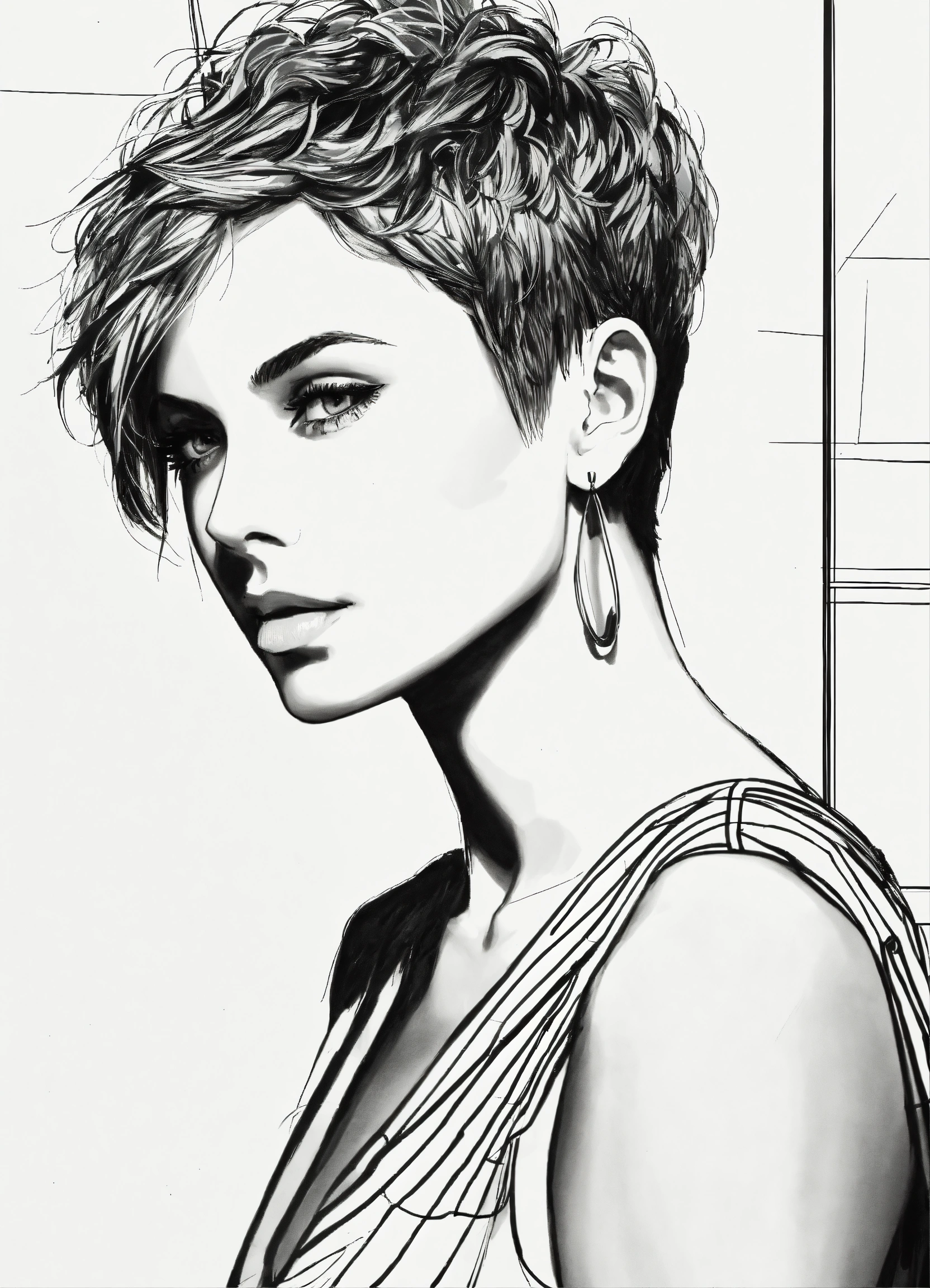 Lexica - Black and white line drawing, woman, pixie cut, upper body ...