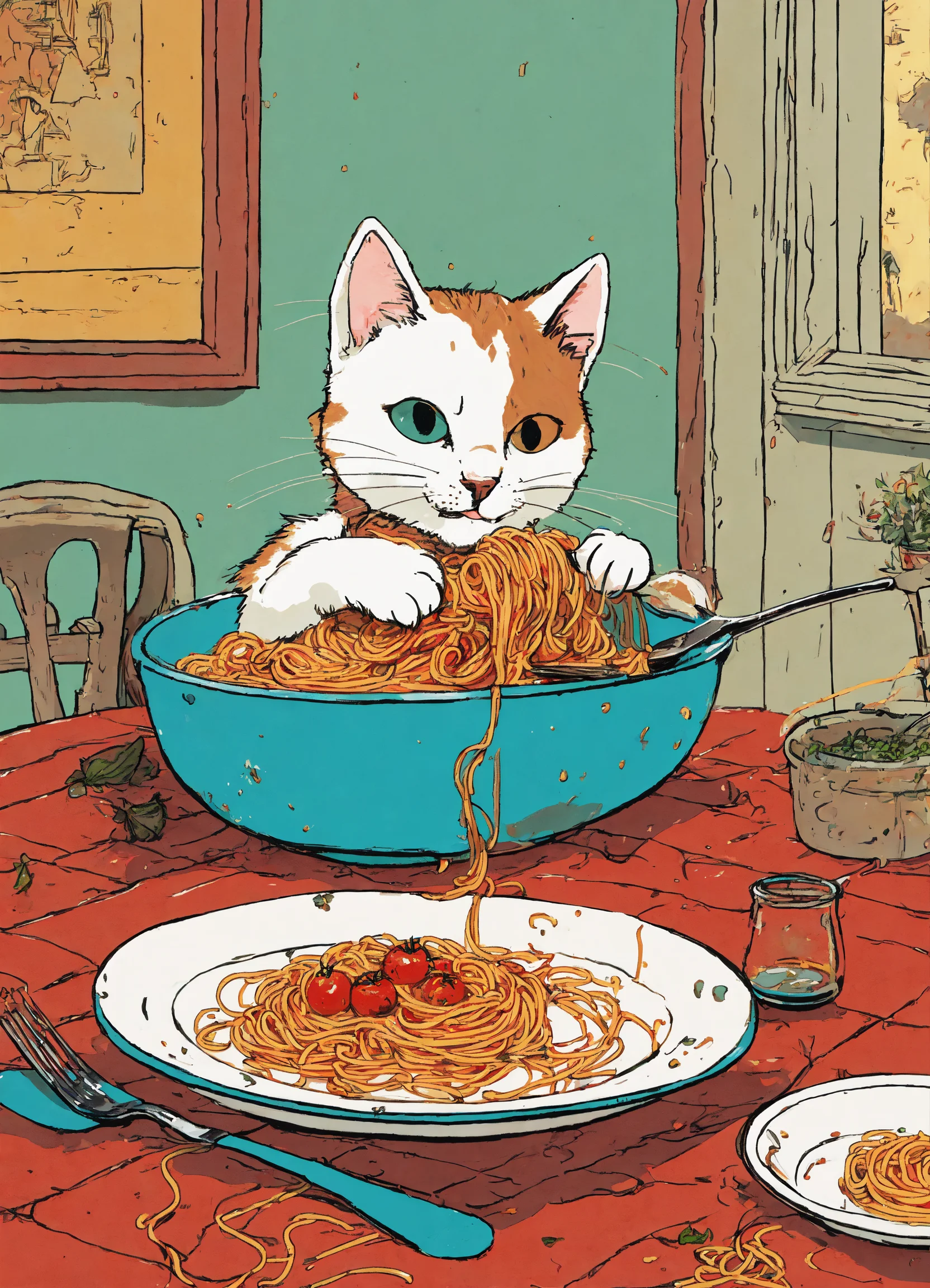 Lexica - A cute white with brown spots cat eating messy spaghetti with ...