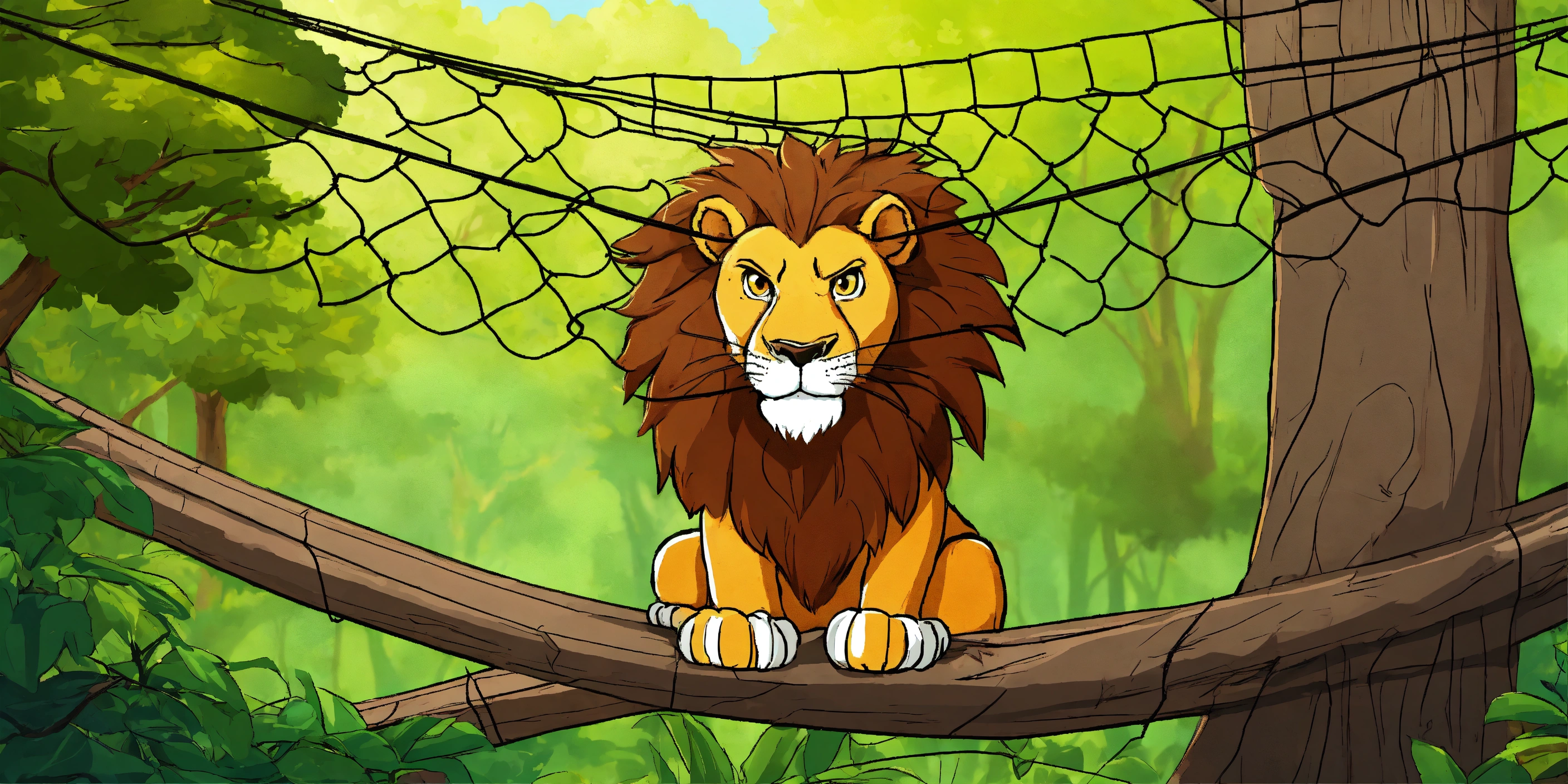 Lexica - Cartoon big lion captured in a net and net hung to tree in the ...