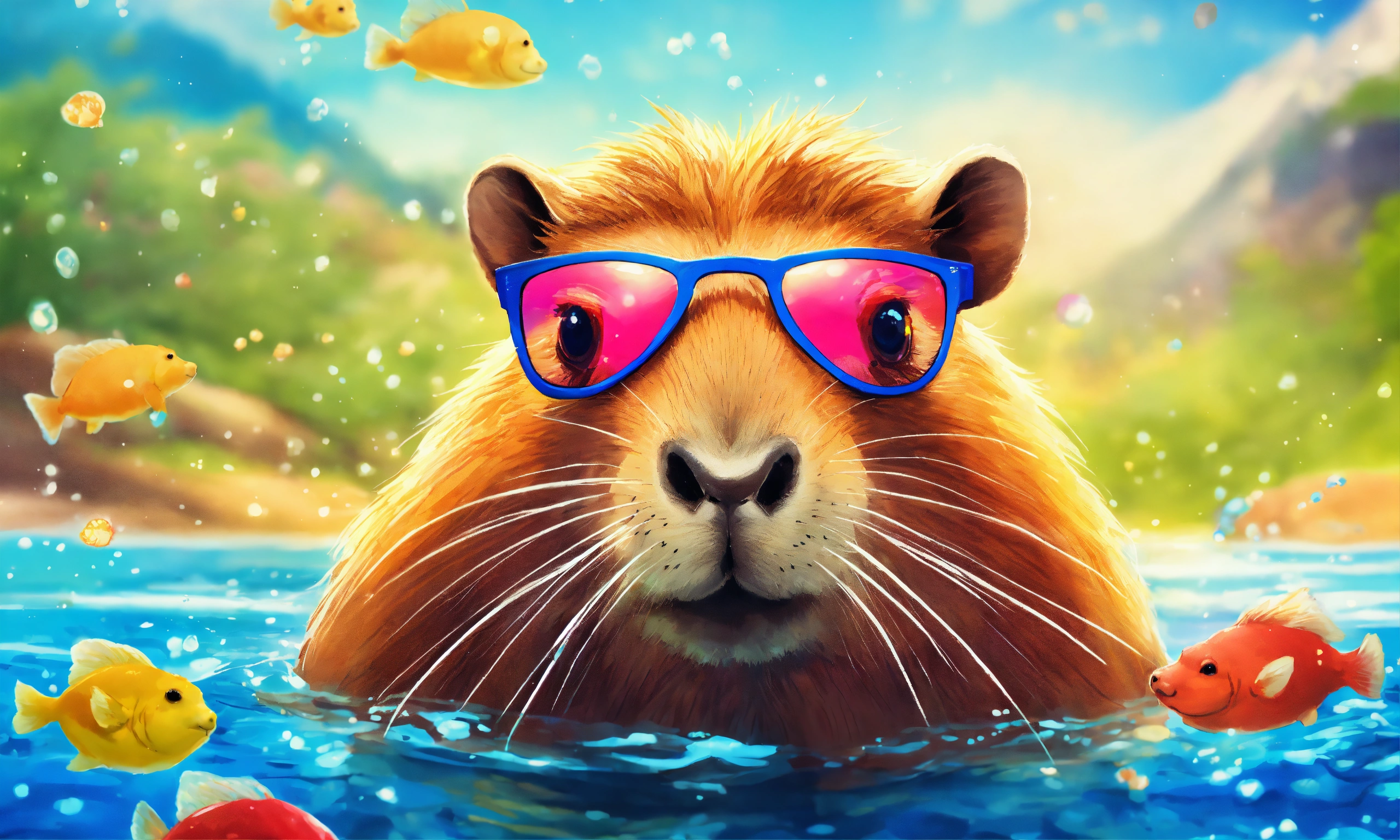 Lexica - Cute, capybara swimming with sunglasses, colourful, kawai ...