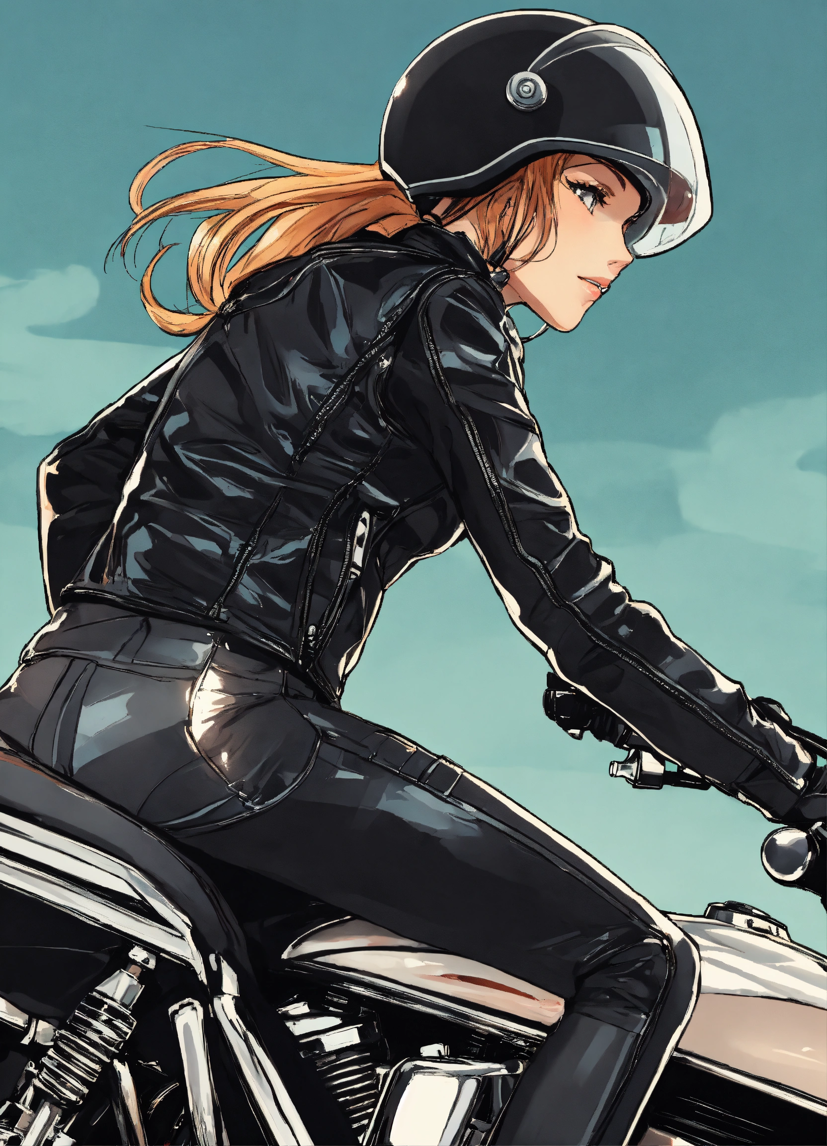 Lexica - Biker woman on a motorcycle, with chrome helmet, black leather ...