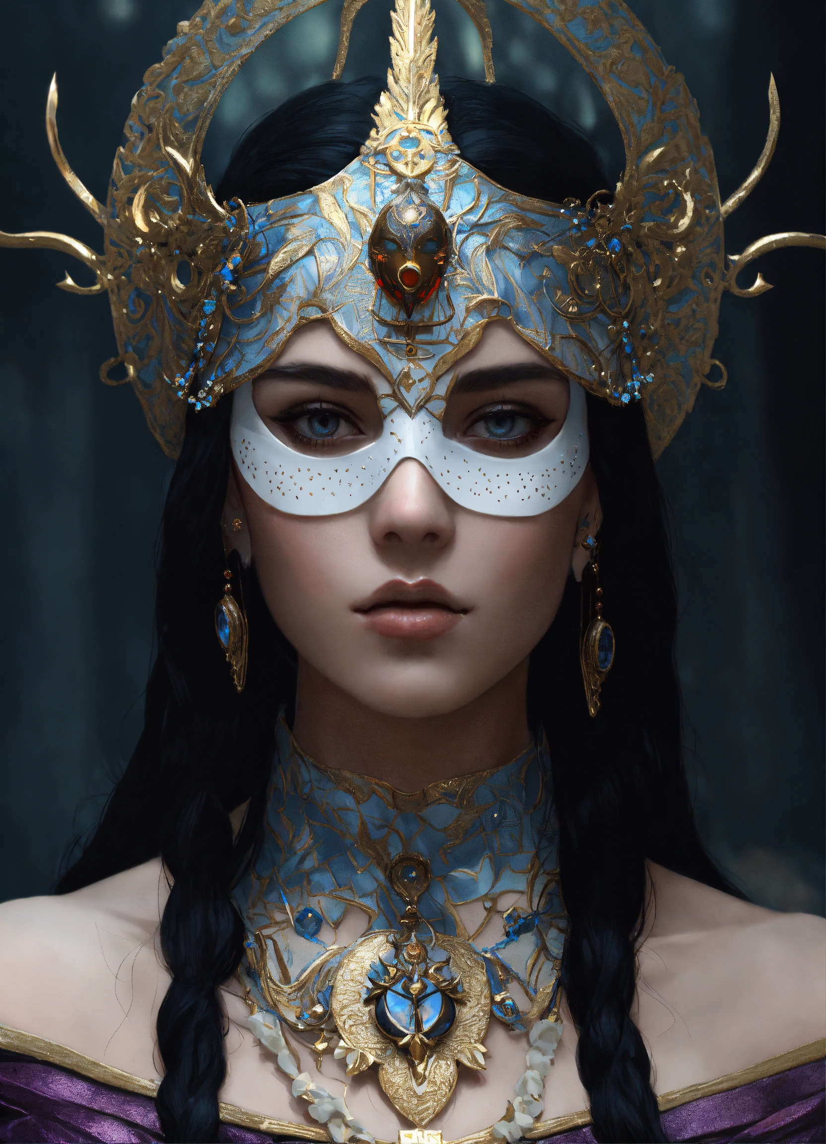 Lexica - Bright white porcelain mask. Dark priestess, black hair dark ...