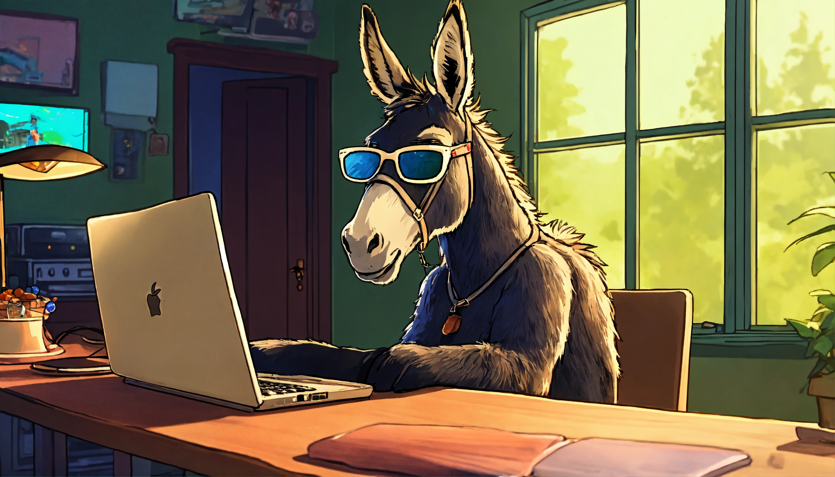 Lexica - A donkey with sunglasses black in the neck, sitting at a desk ...
